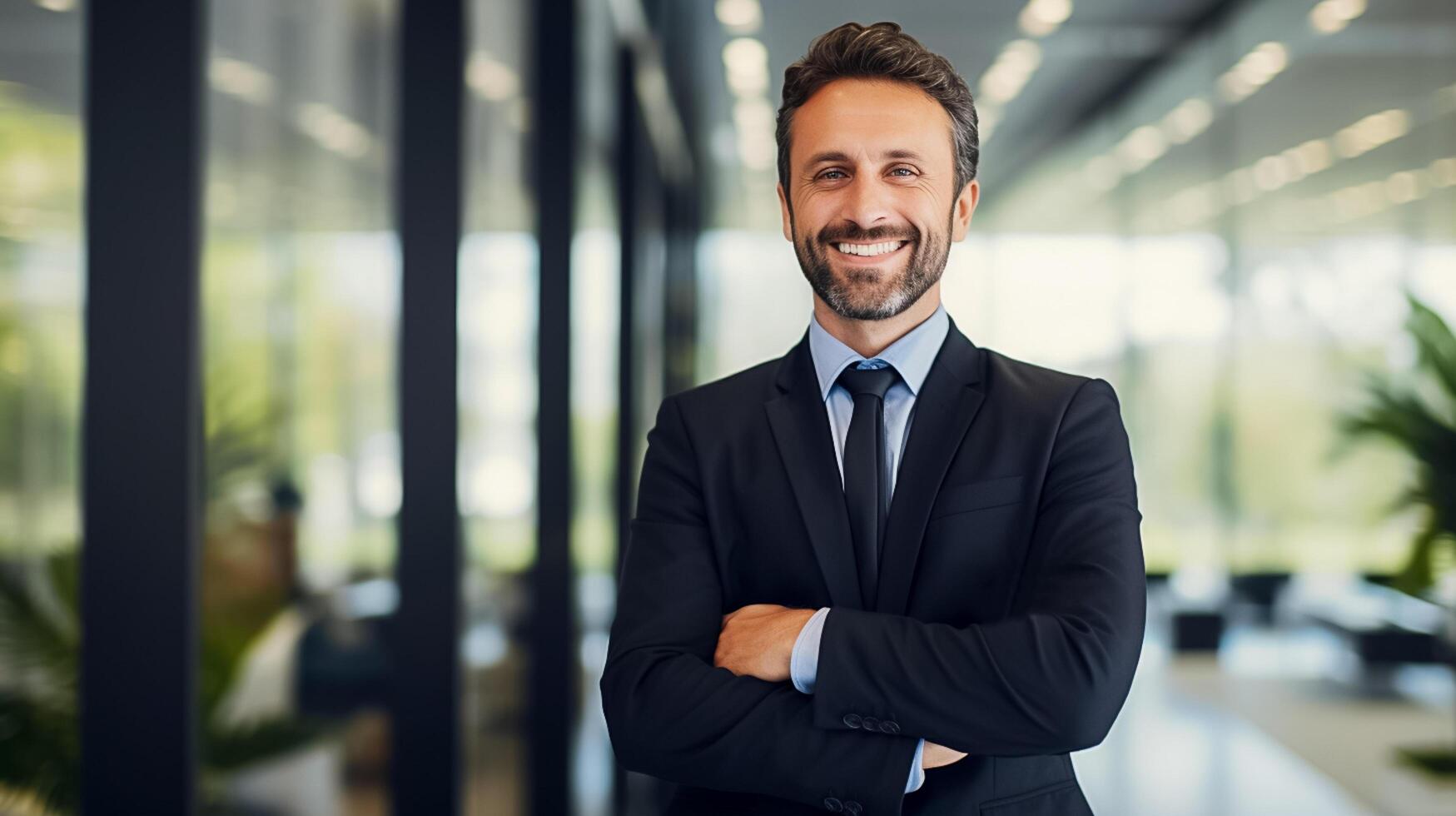 AI generated Happy businessman standing in office with suit smiling ...