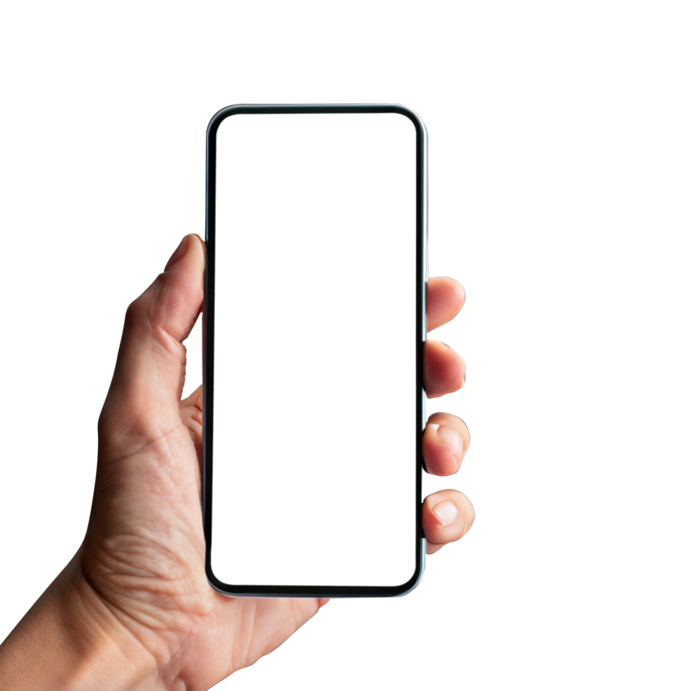 Isolated hands and smartphone . Female hand holding modern black phone in vertical position ...