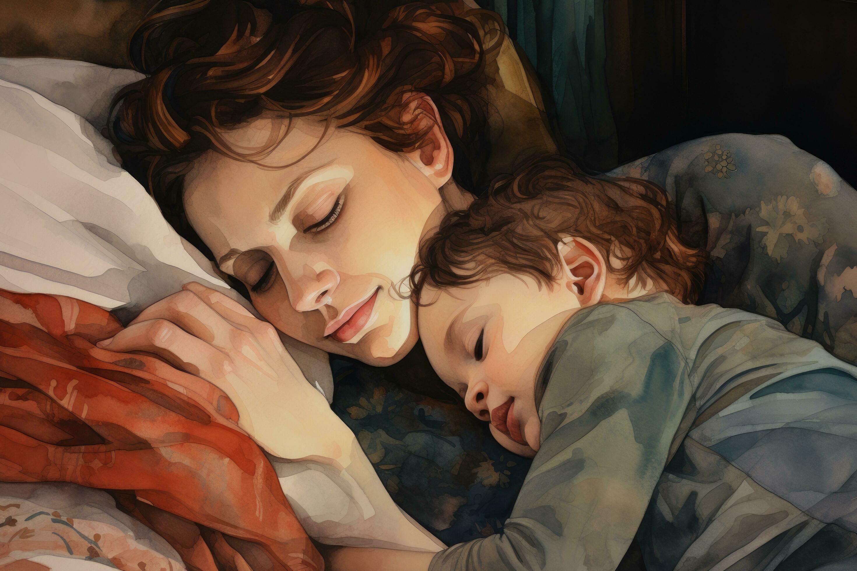 Ai Generated Beautiful Young Mother And Her Daughter Sleeping In Bed At