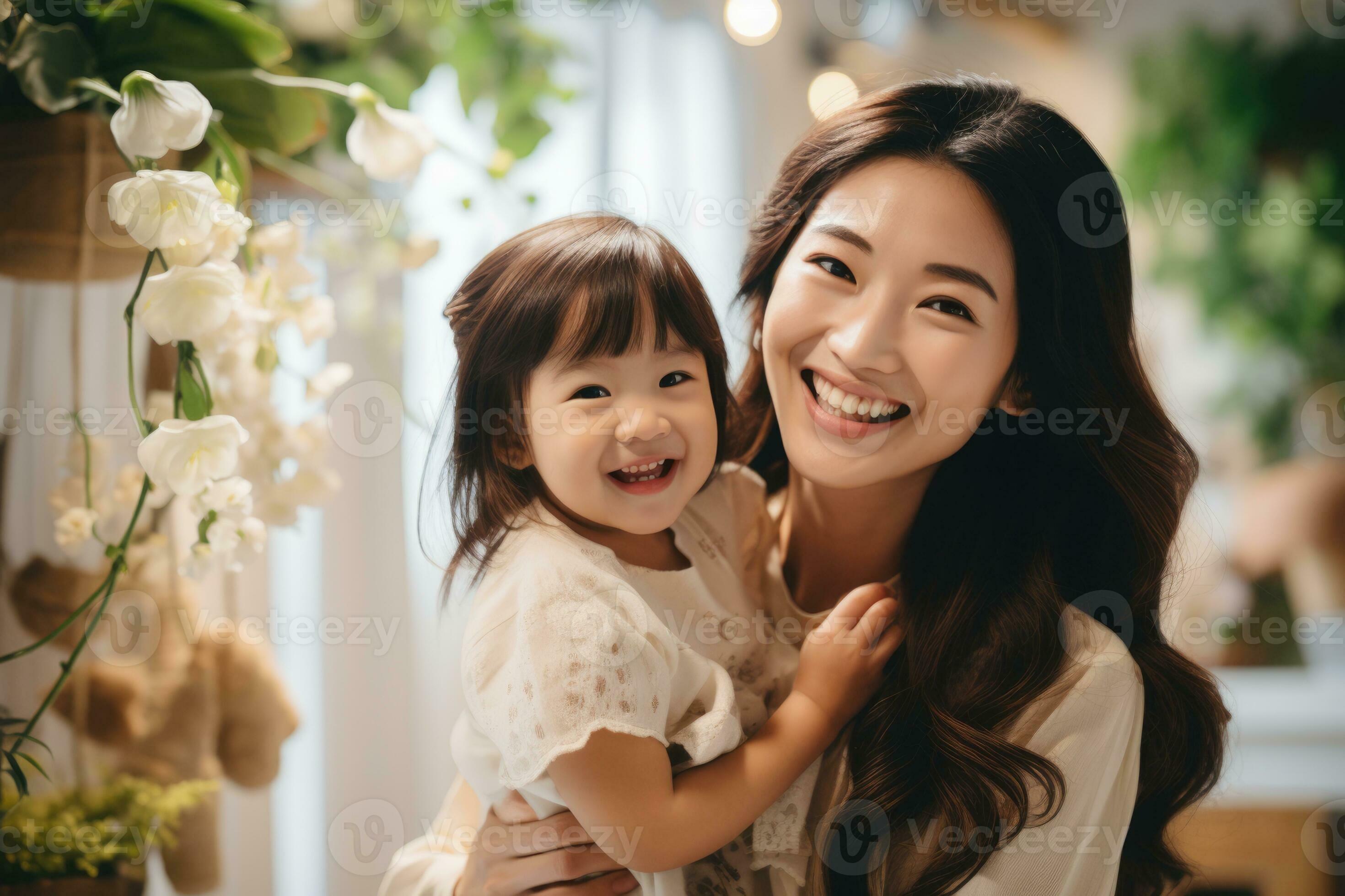 AI generated Happy Asian mom holding her daughter playing together at home. AI Generated ...