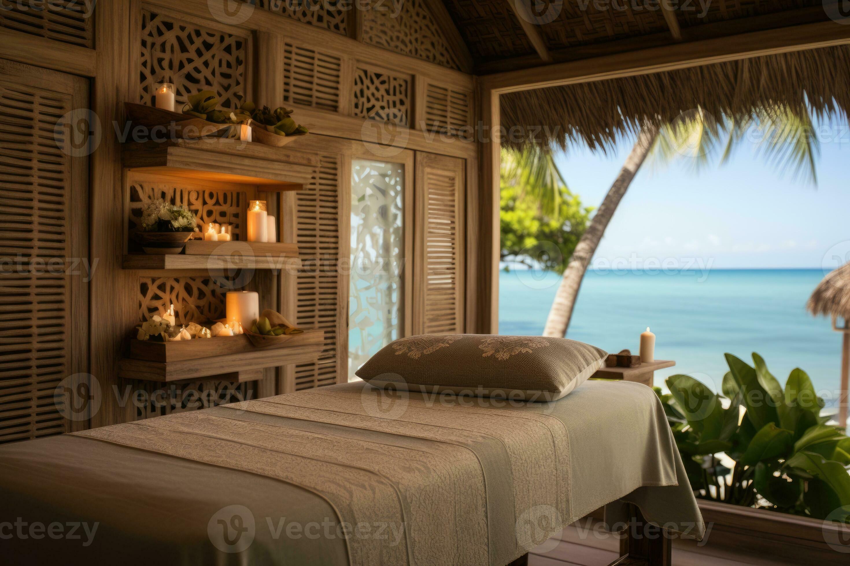 AI generated Relaxing massage in a bungalow in the Maldives resort. Massage in the bungalow on ...