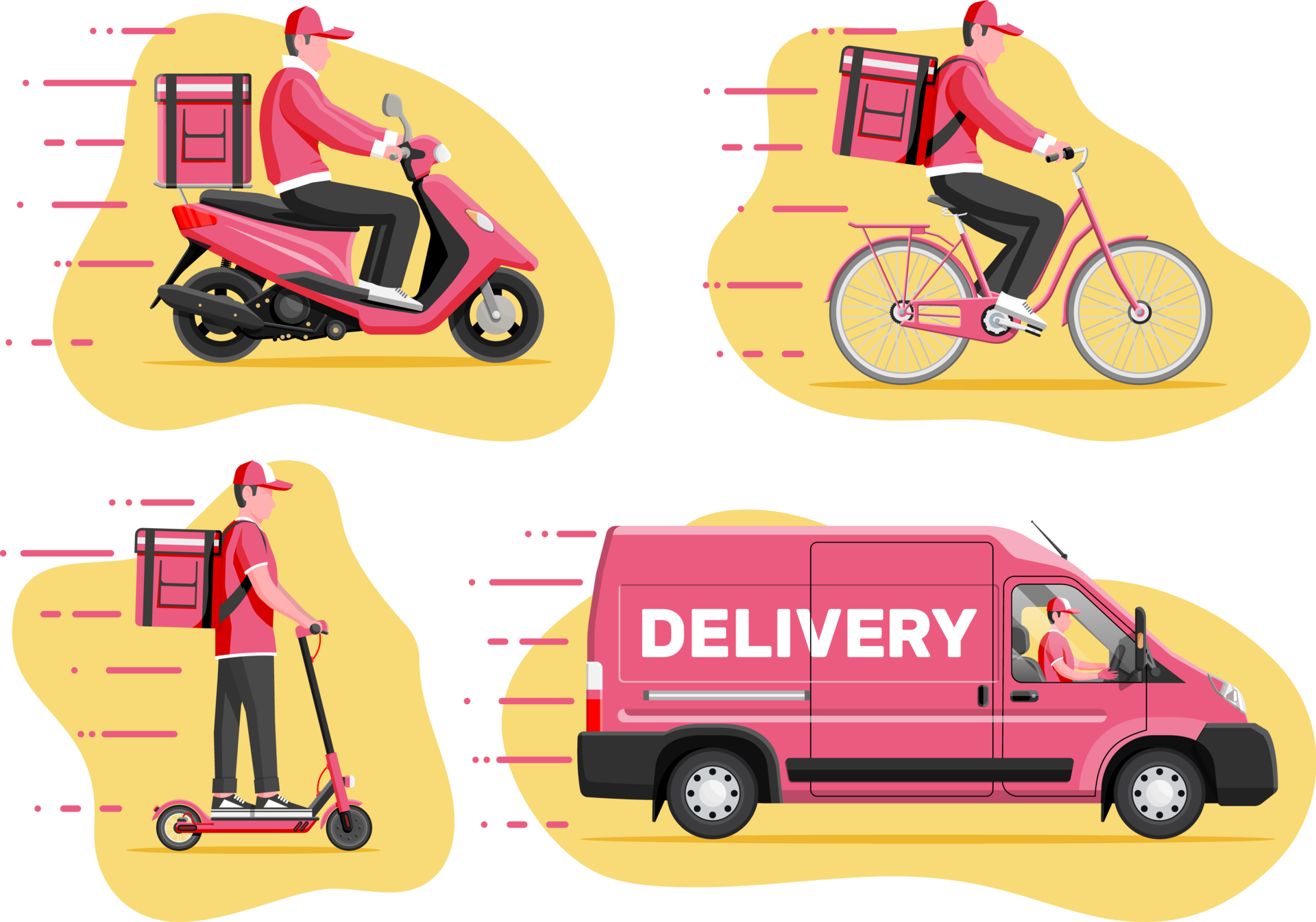 Delivery man on van, scooter, motorbike, bicycle. 35769276 PNG