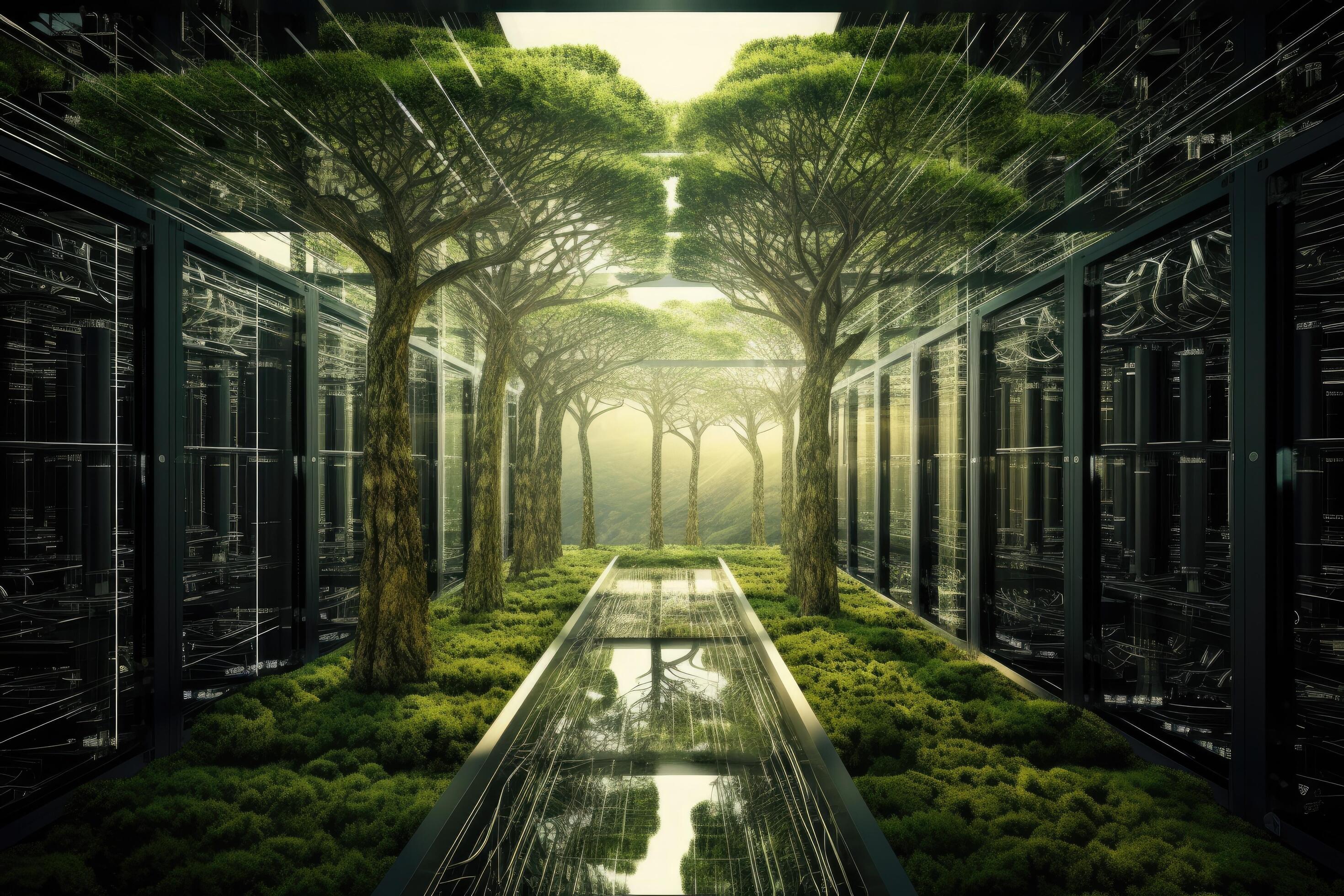 AI generated Digital composite of Network servers in a data center with ...