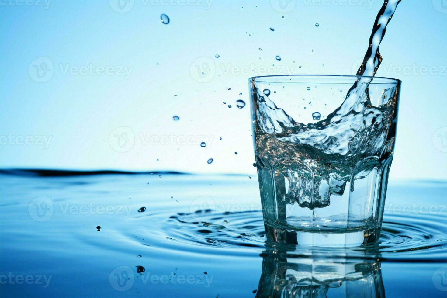 AI generated Thirst quencher Water flowing into a glass on blue background 35775250 Stock Photo ...