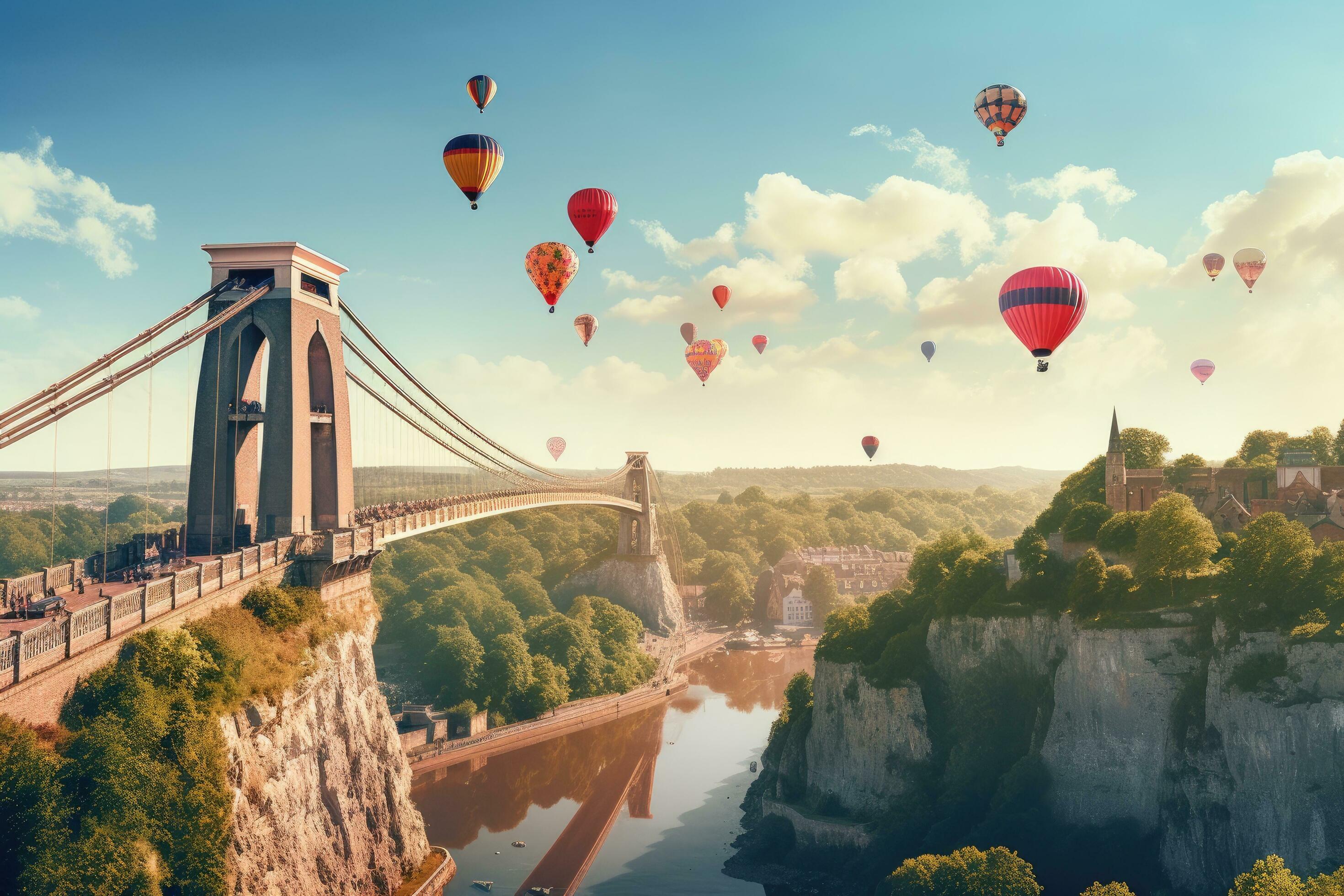 AI generated Beautiful aerial view of bridge and hot air balloons flying in sky, Clifton ...