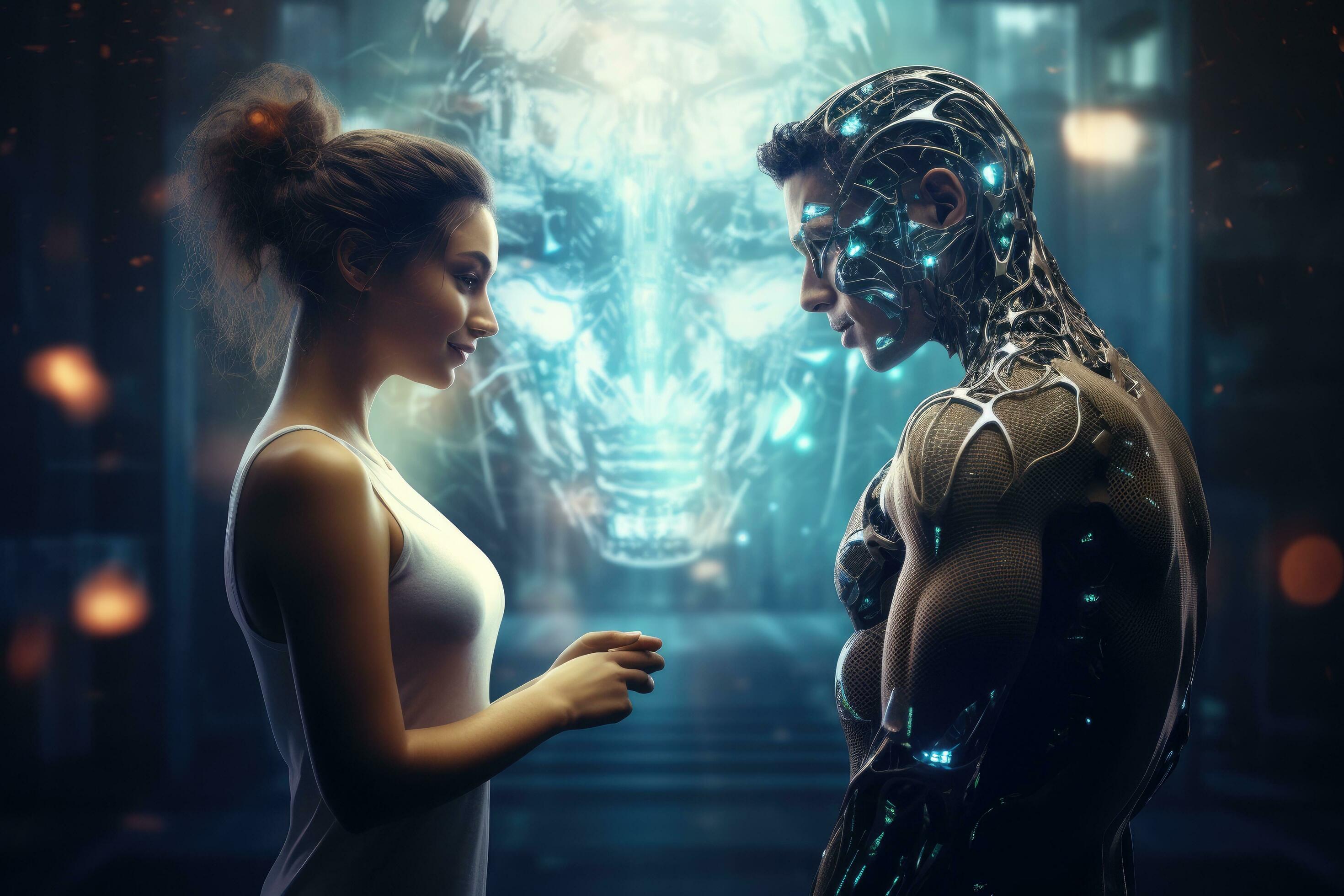 AI generated Side view of two female cyborgs looking at each other in futuristic room, AI in the ...