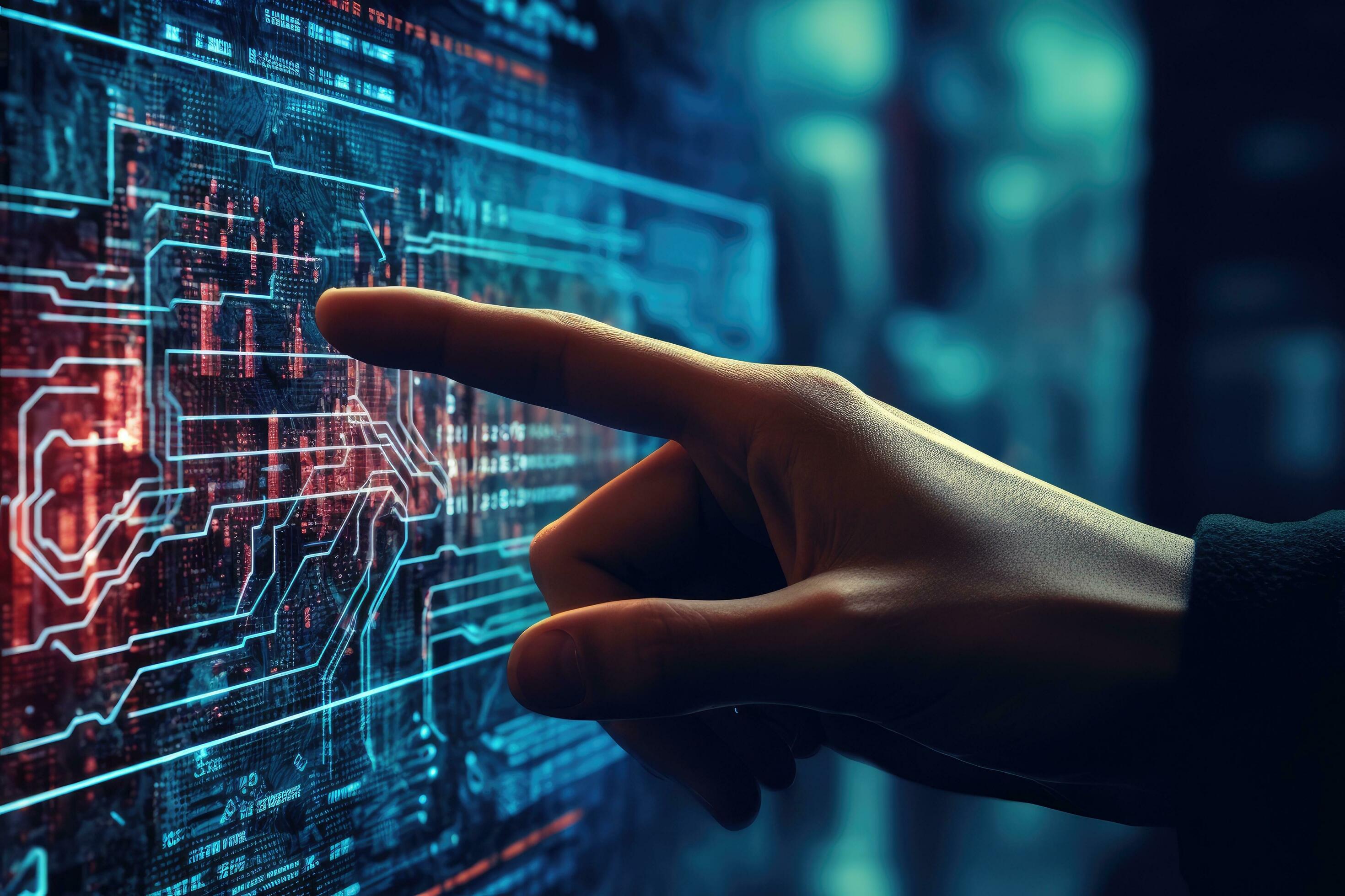 AI generated Close up of human hand touching with finger virtual panel with binary code, Close ...