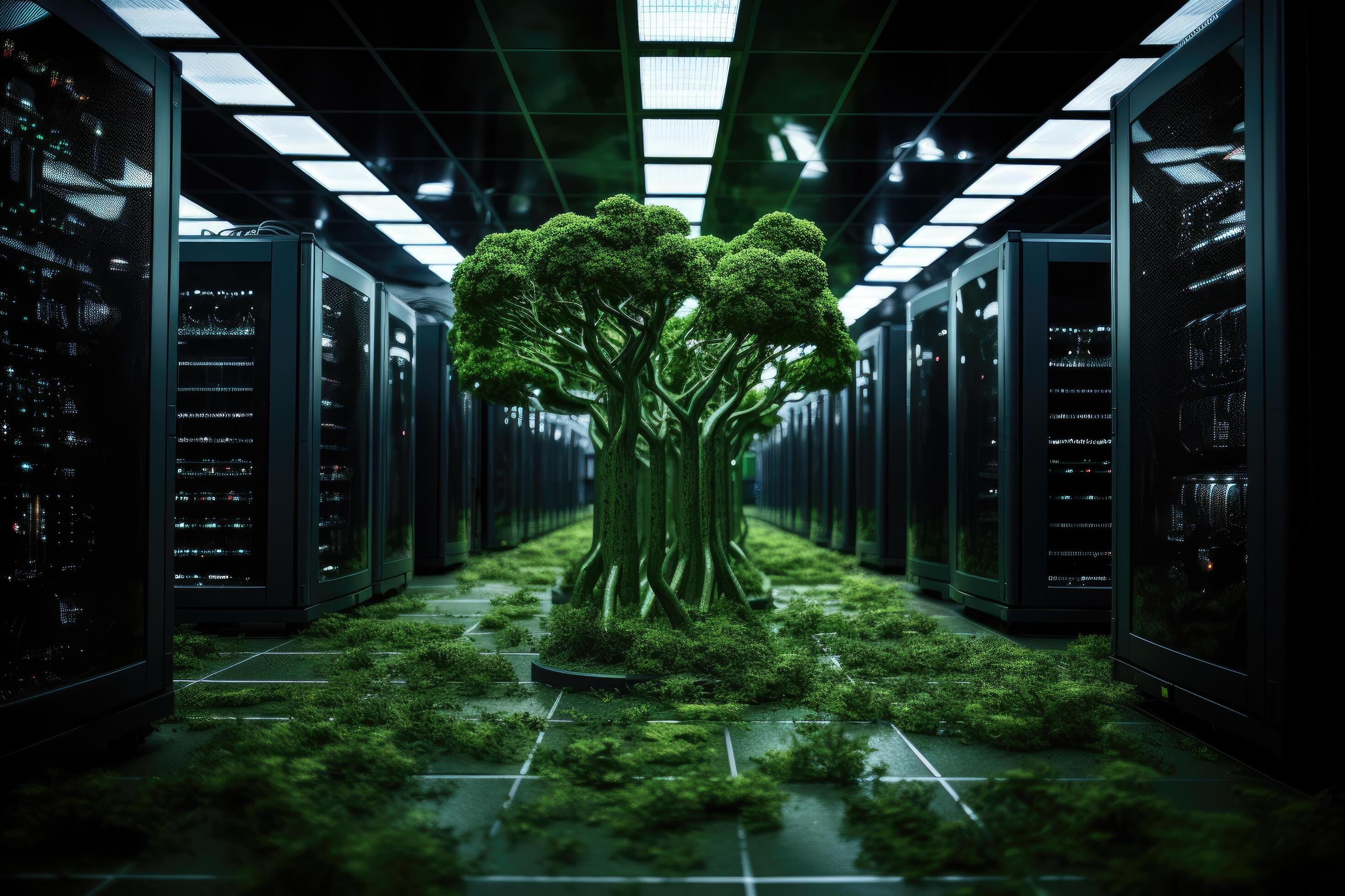 AI generated Digital composite of Tree in server room with dark ...