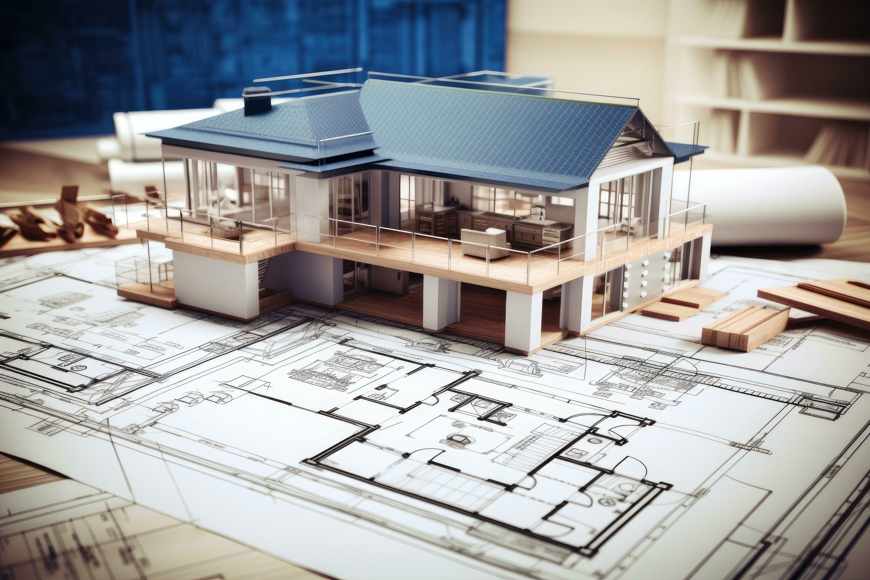 AI generated Architectural model of a house with blueprints. 3d rendering, Blueprint of a modern ...