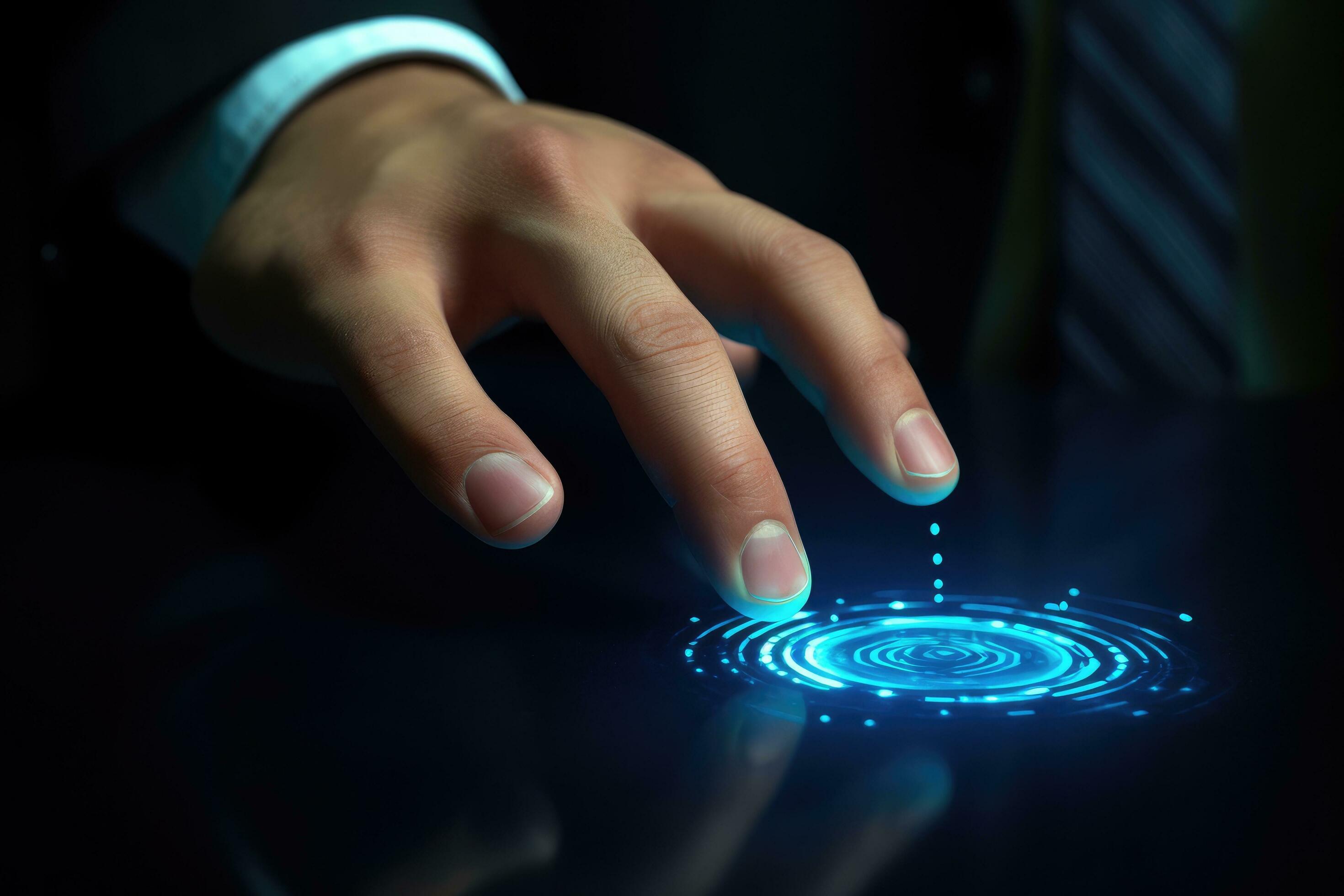 Ai Generated Finger Touching Virtual Screen With Blue Light Technology And Innovation Concept