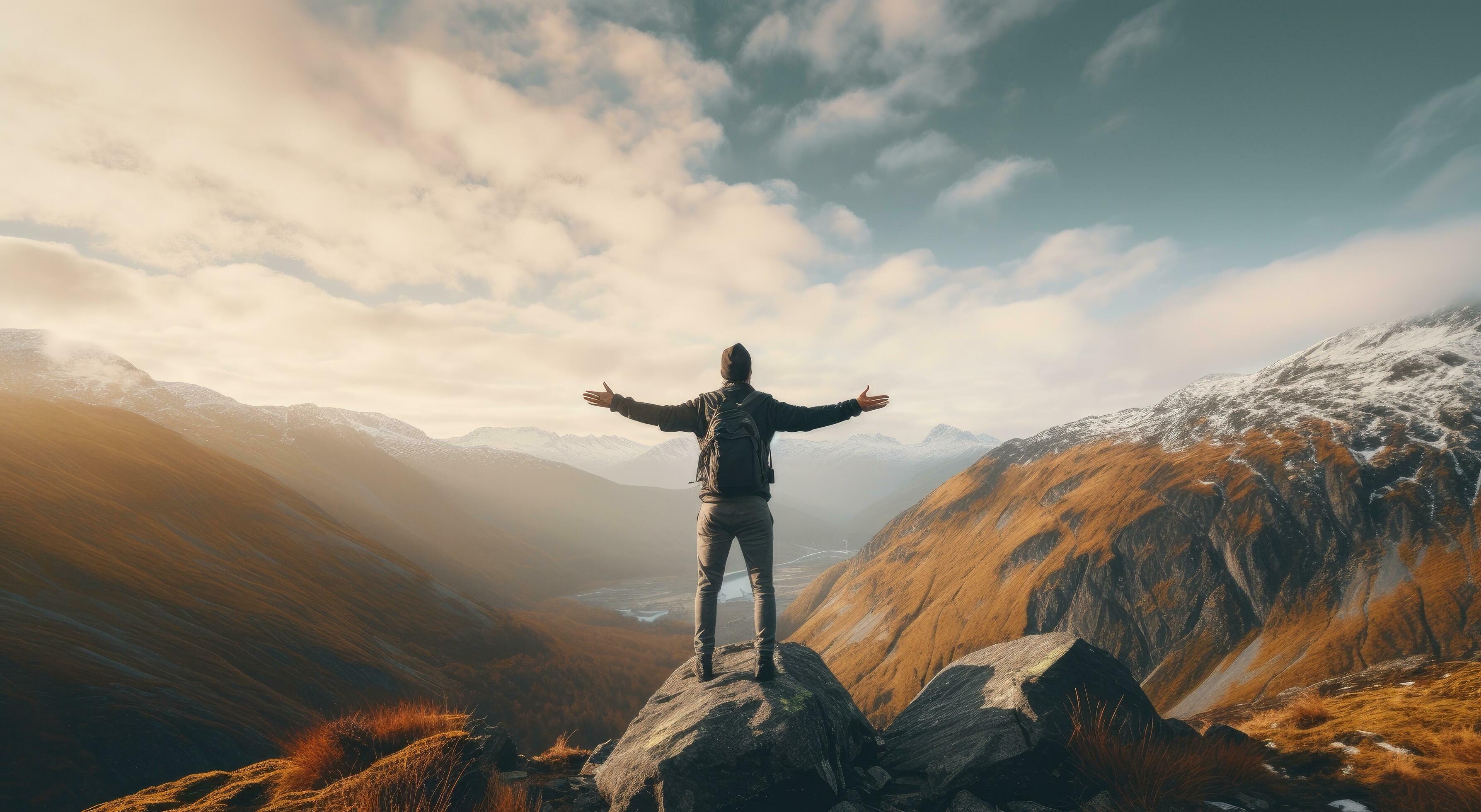 AI generated a man standing on a mountain top with his arms raised and ... AI generated a man standing on a mountain top with his arms raised and ...