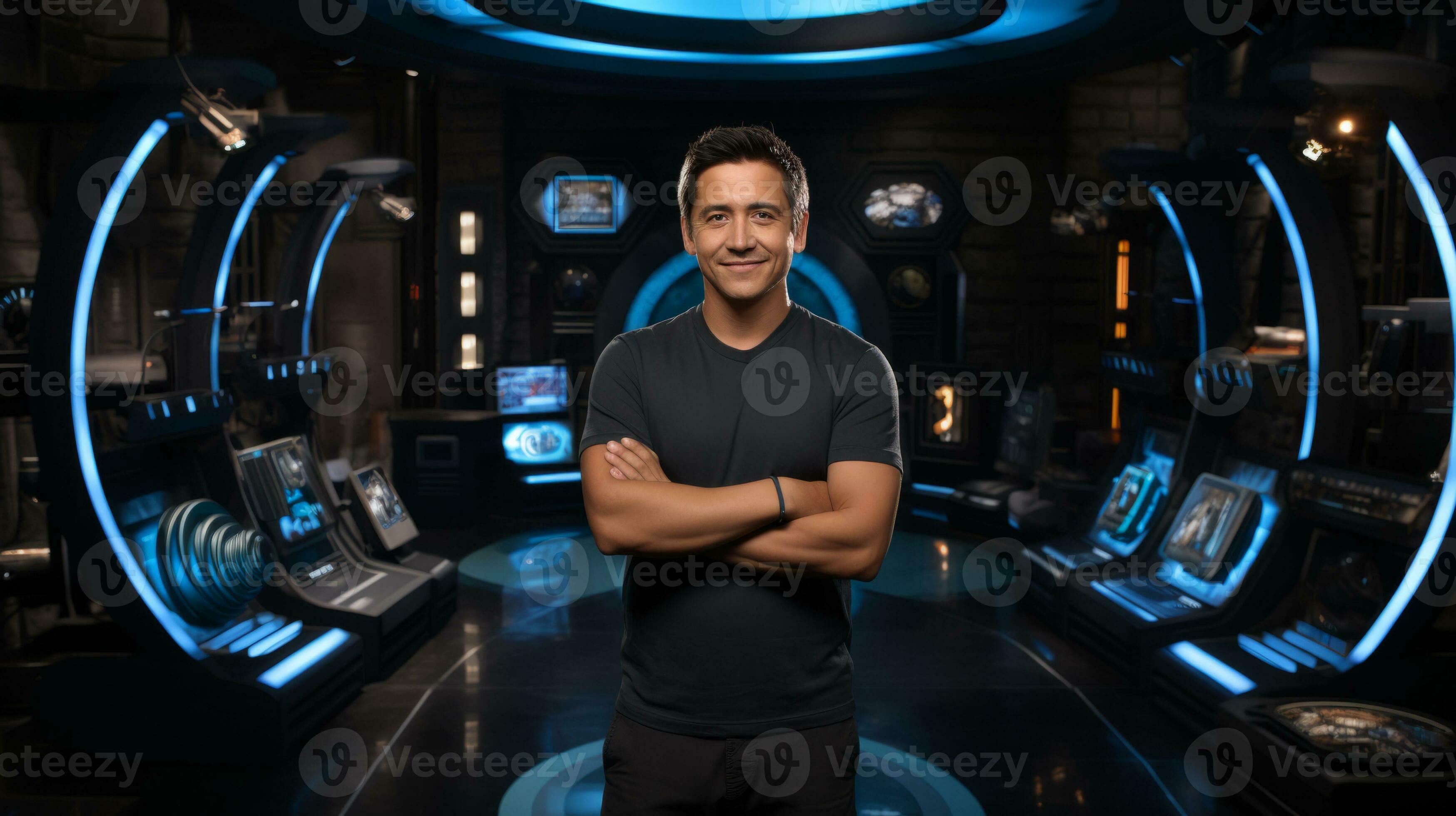 AI generated A man standing in front of a room with blue lights ...