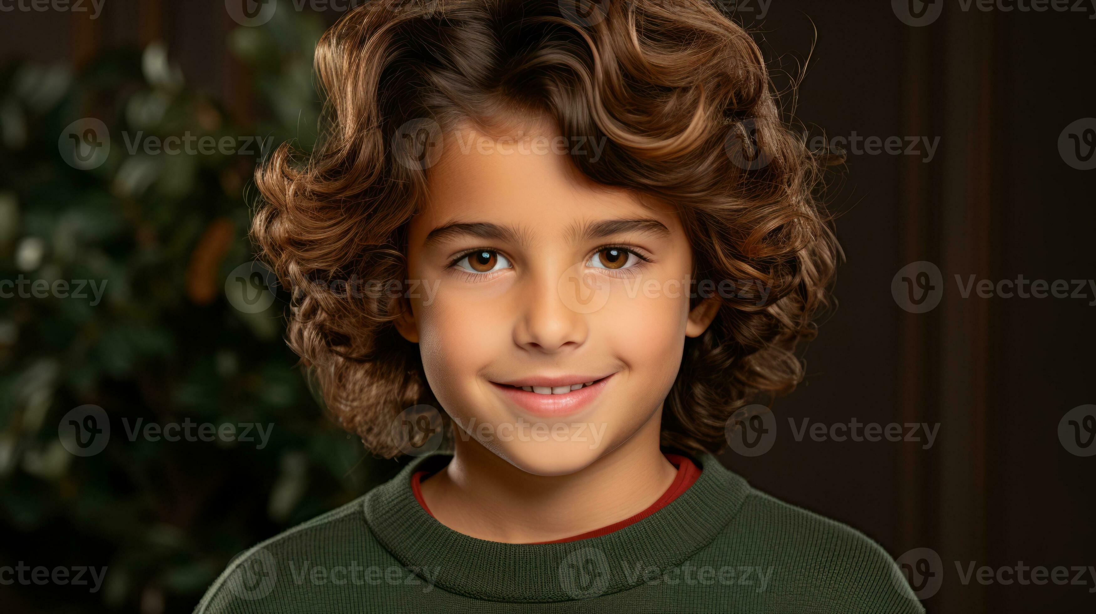 AI generated A young boy with curly hair wearing a green sweater ...
