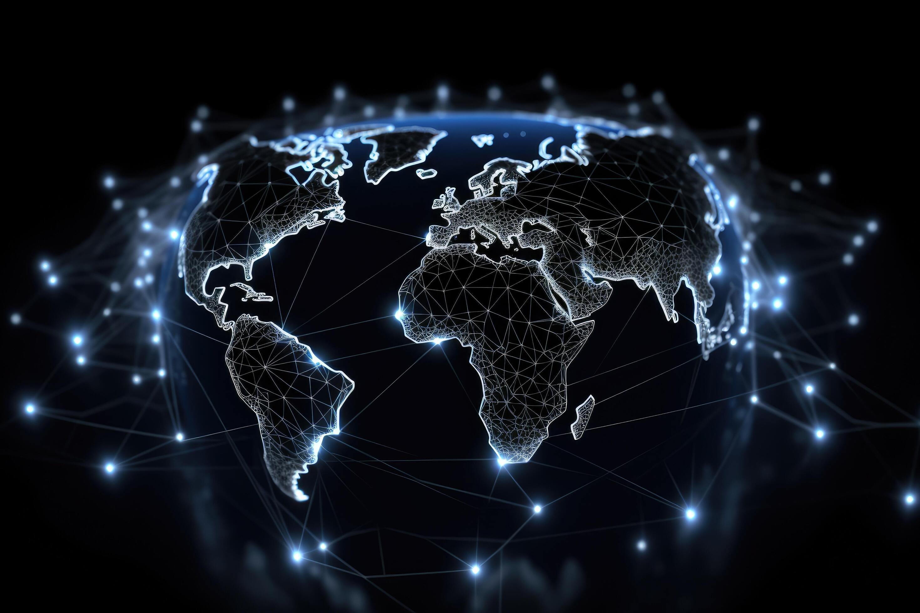 AI generated Glowing world map on dark background. Global business concept. 3D Rendering, Black ...