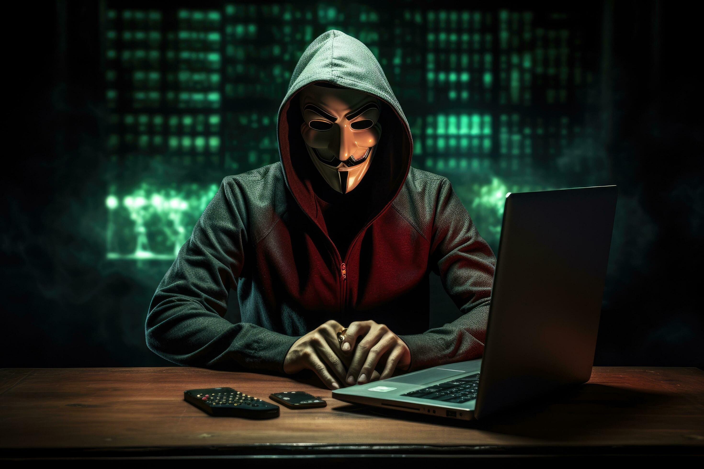 AI generated hacker in hood and a laptop, Anonymous hacker, Concept of ...
