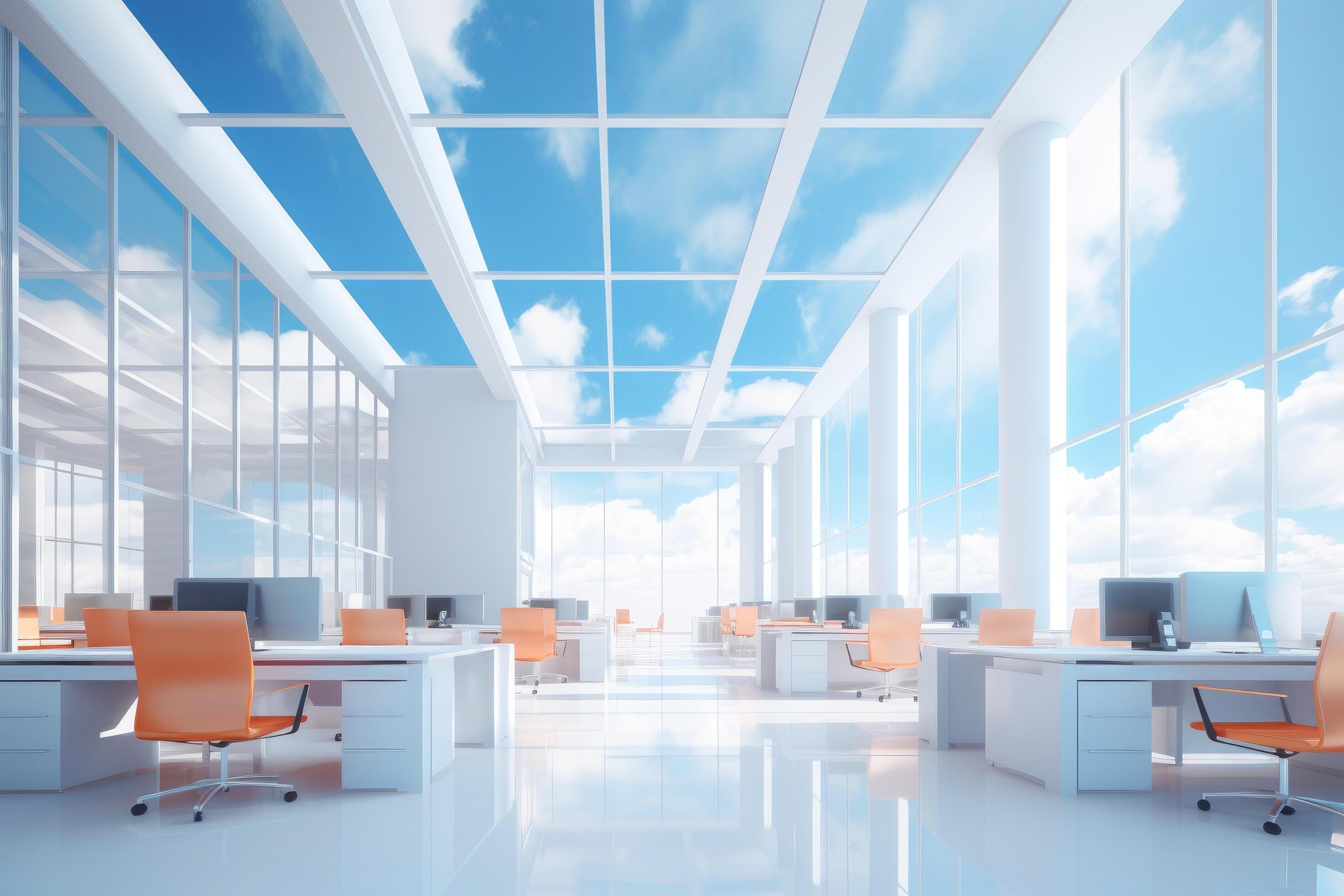 AI generated Bright office interior with blue sky and white clouds. 3D ...