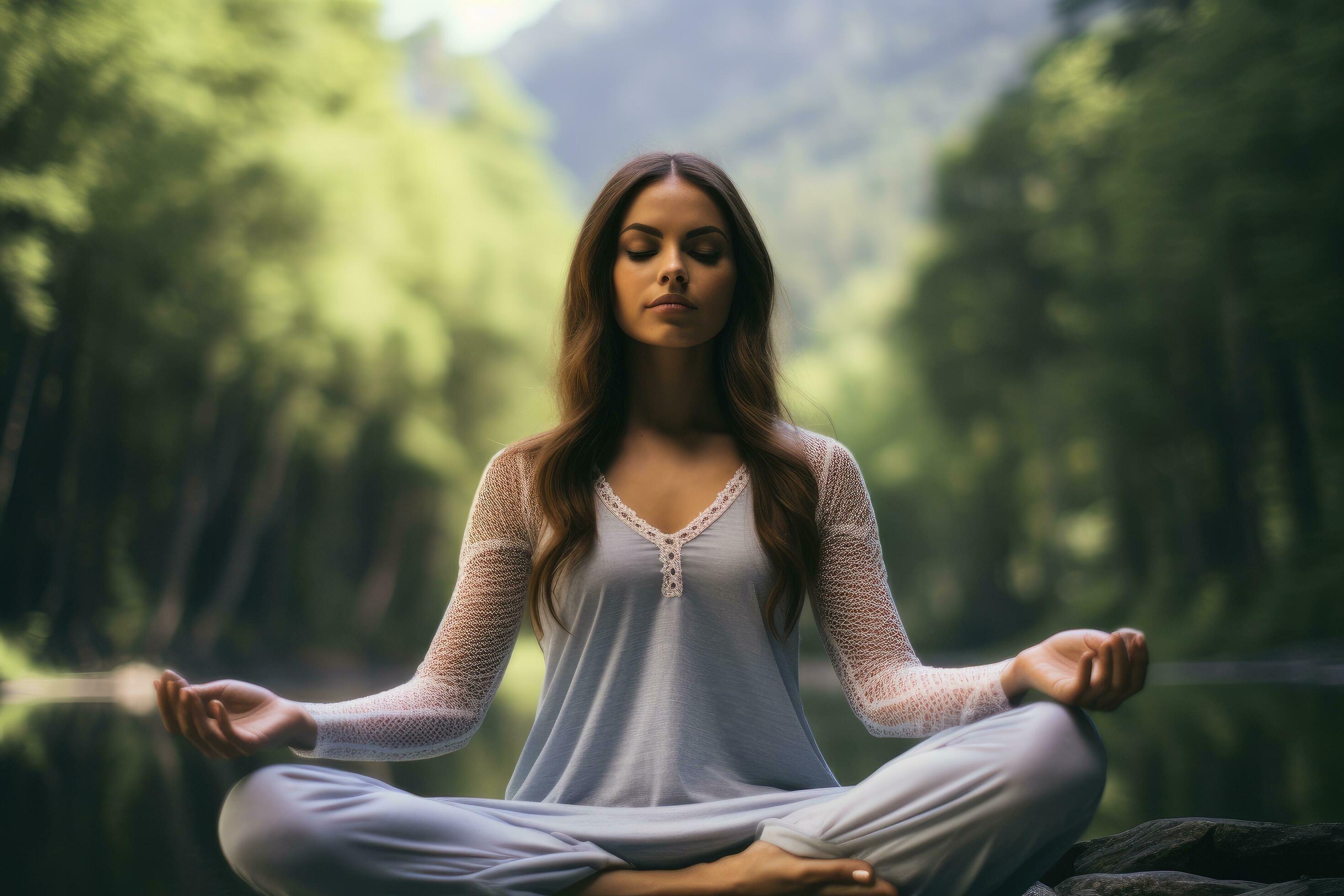 AI generated Beautiful young woman practicing yoga in the lotus position outdoors, Beatiful ...