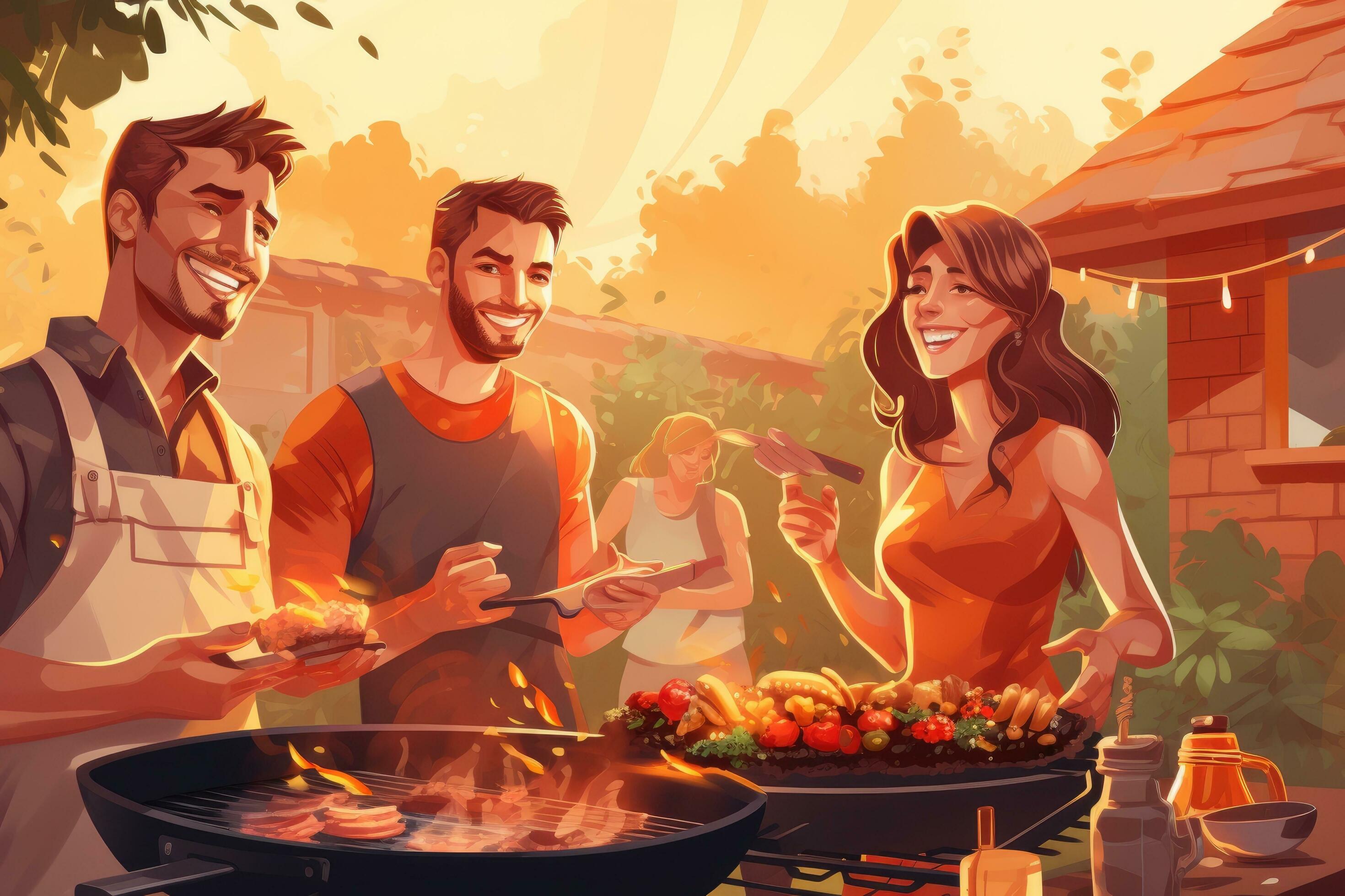 AI generated Group of friends having barbecue party in the backyard. Vector illustration ...