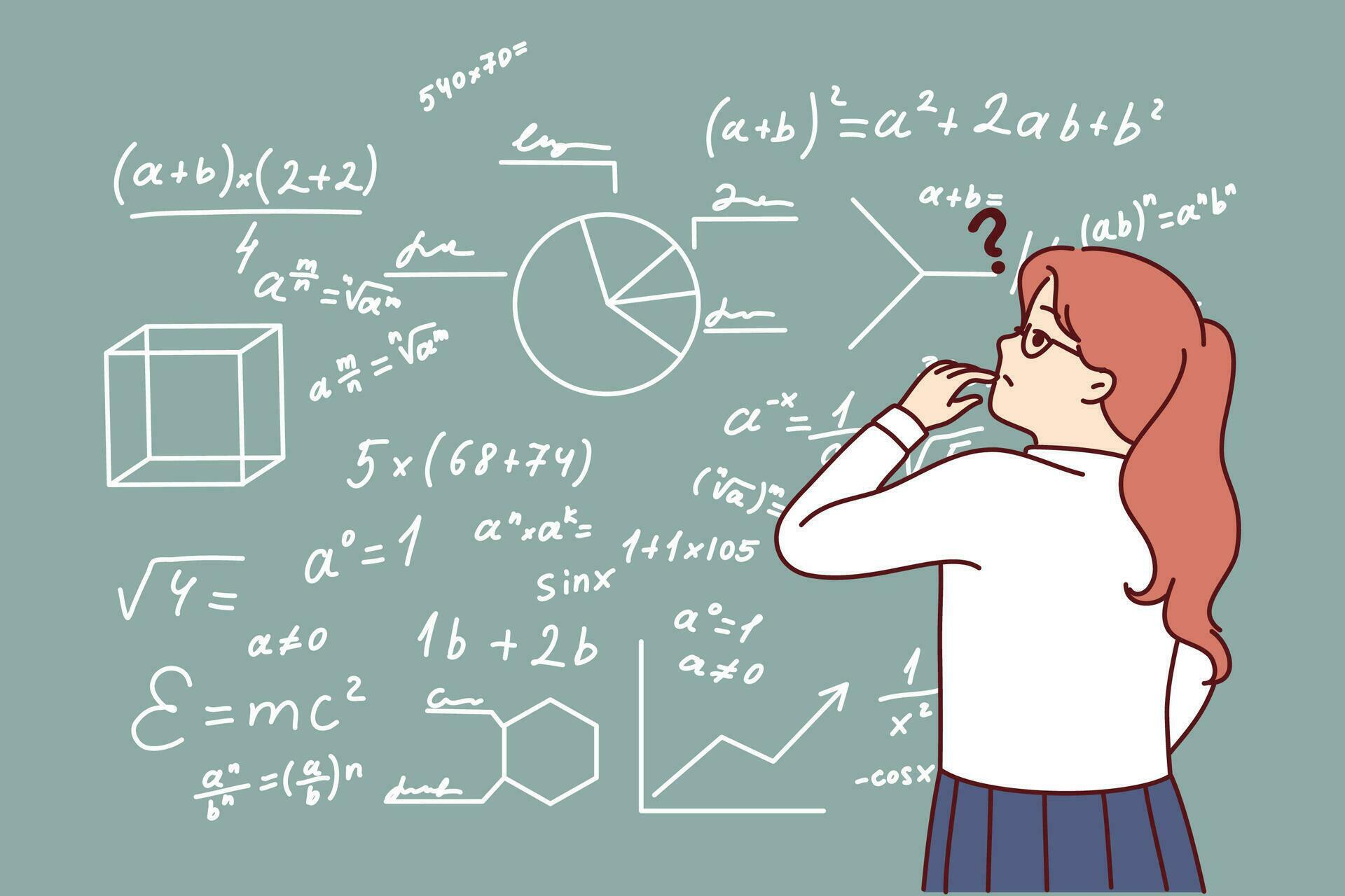 Little girl stands near school chalk board with formulas and tries to ...