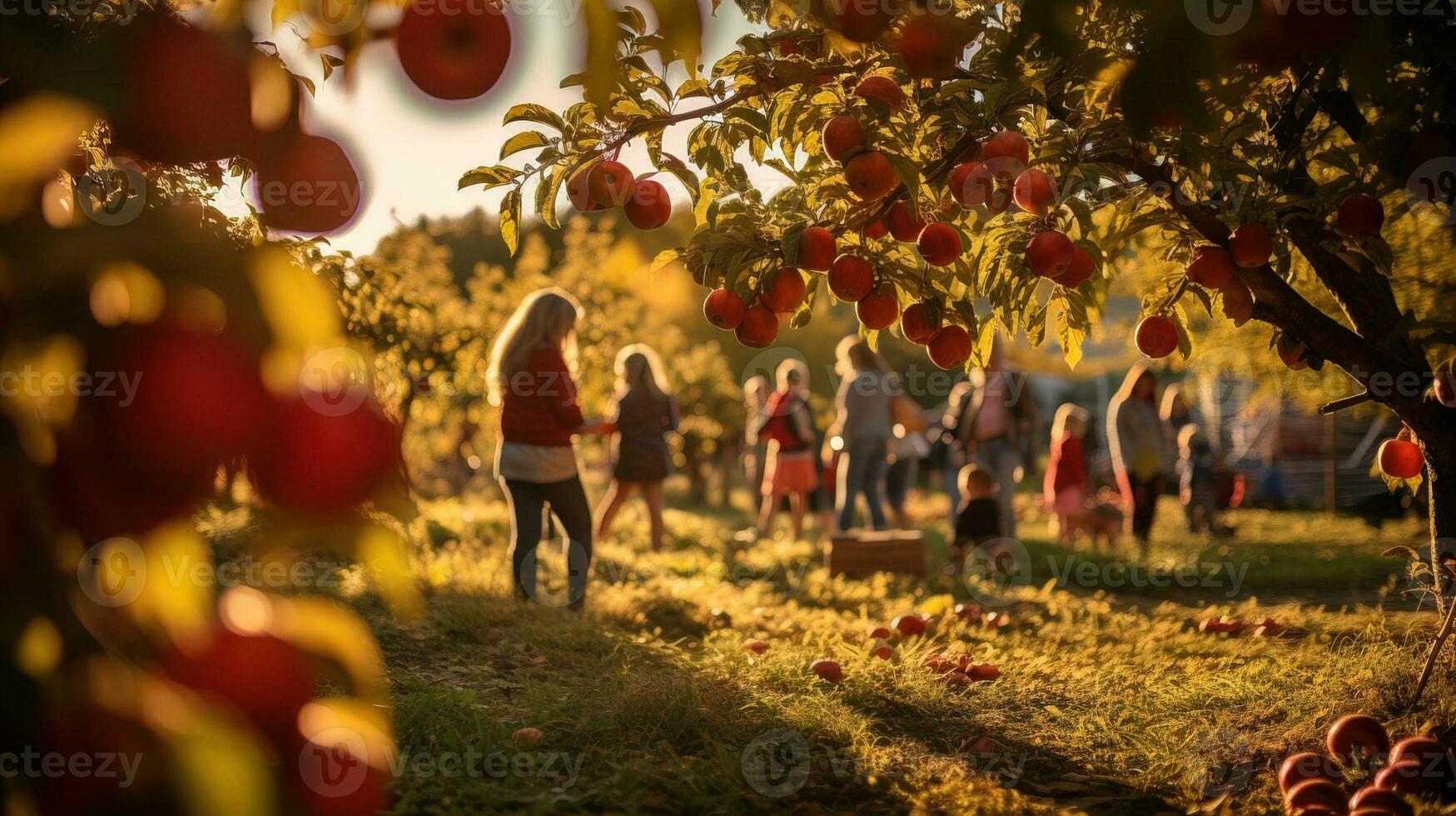 AI generated A bustling autumn apple orchard, families picking fresh apples. Generative AI ...