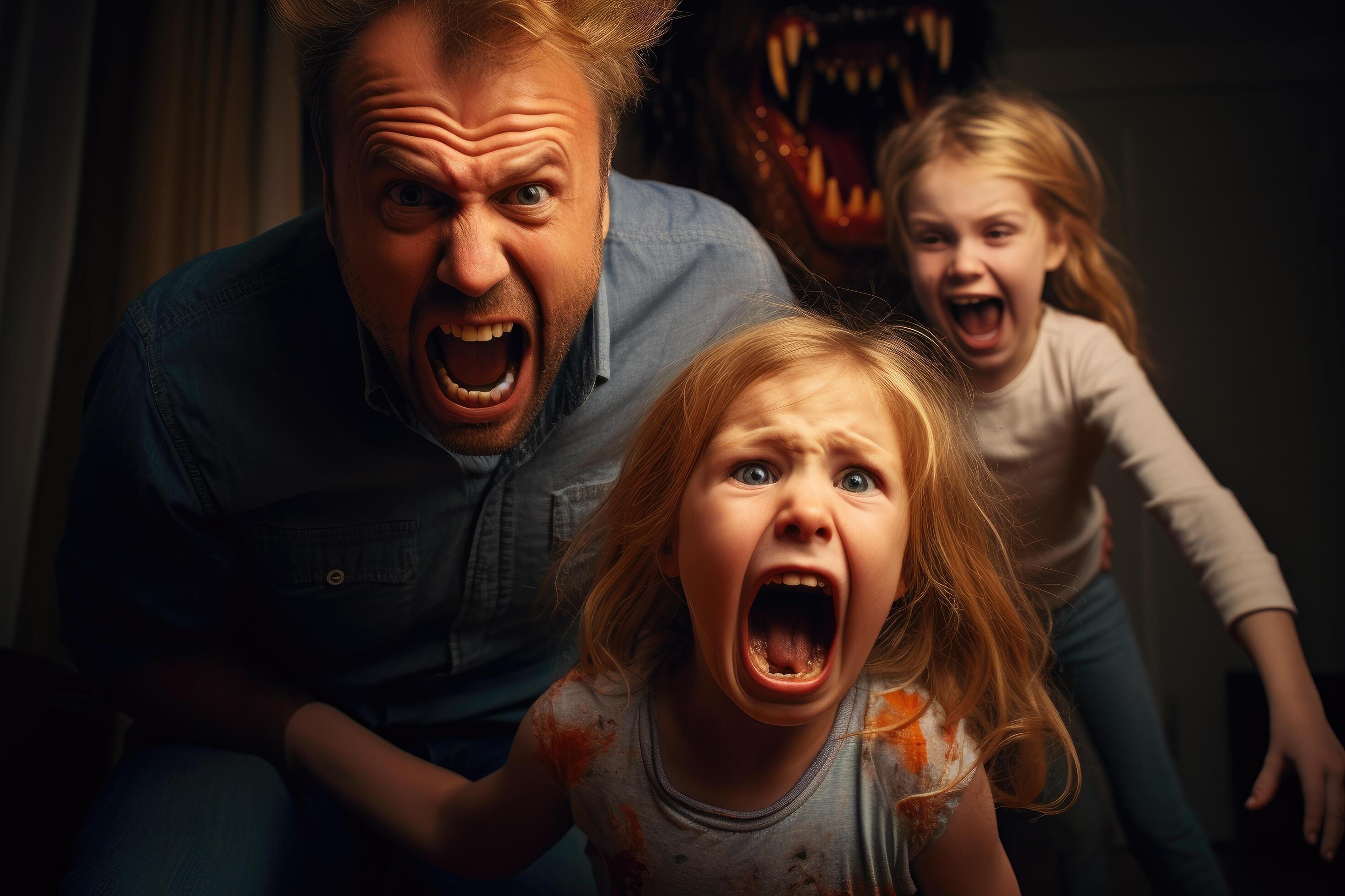AI generated scared family in horror, Angry screaming child with desperate parents, AI Generated ...