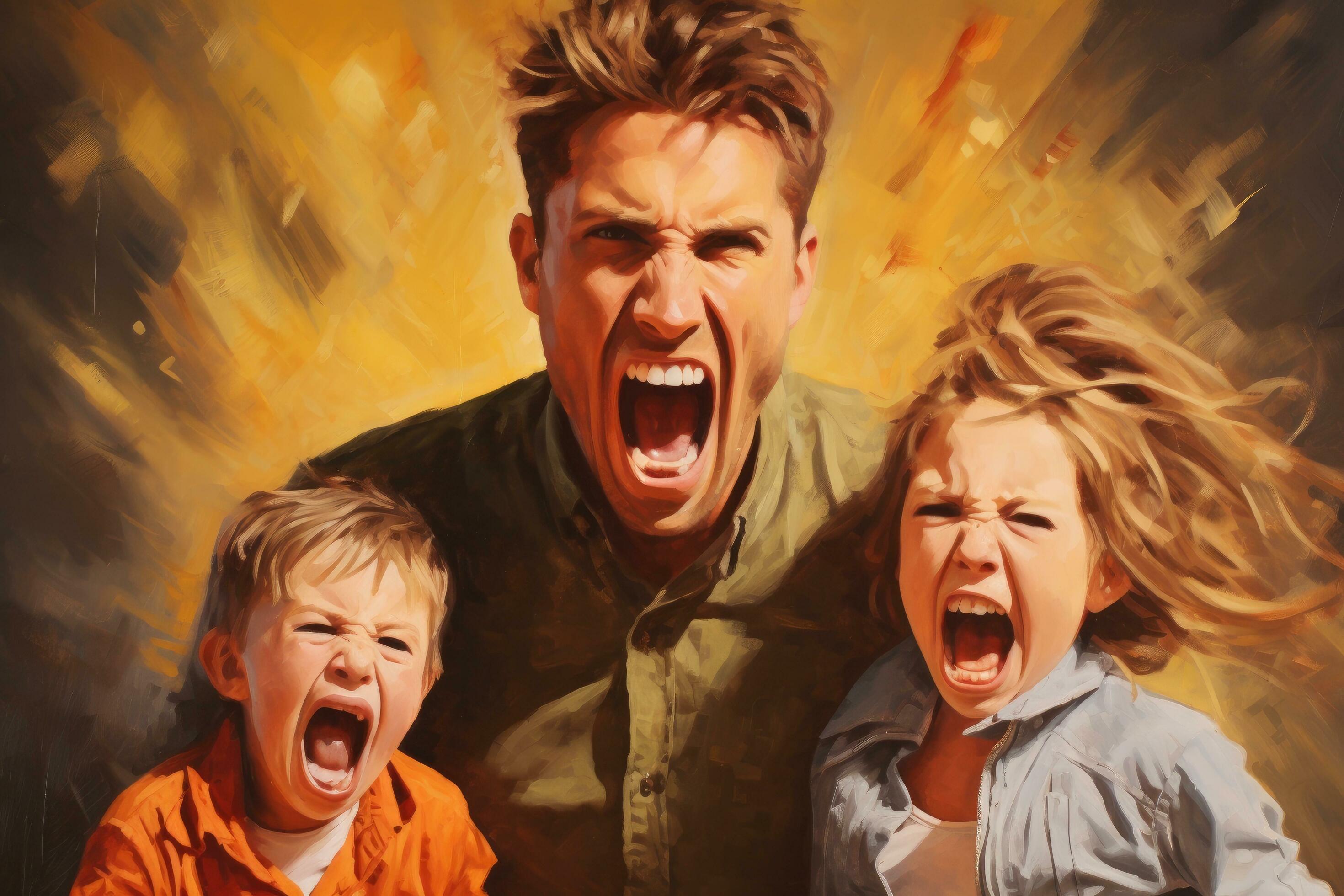 AI generated angry father, angry son and daughter, Angry screaming child with desperate parents ...