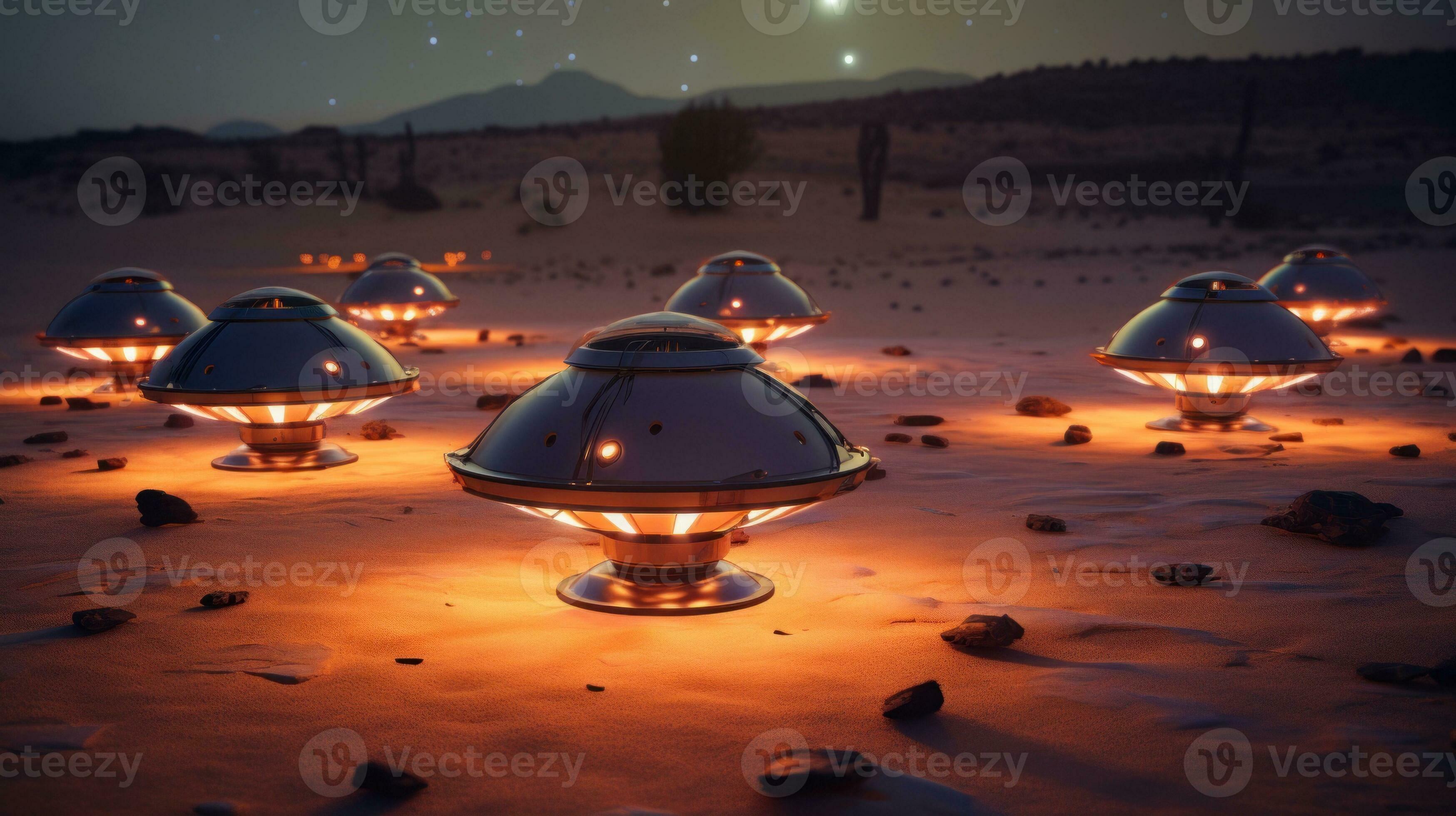 AI generated Illuminated UFOs close up in desert under night sky. Futuristic alien spaceships ...