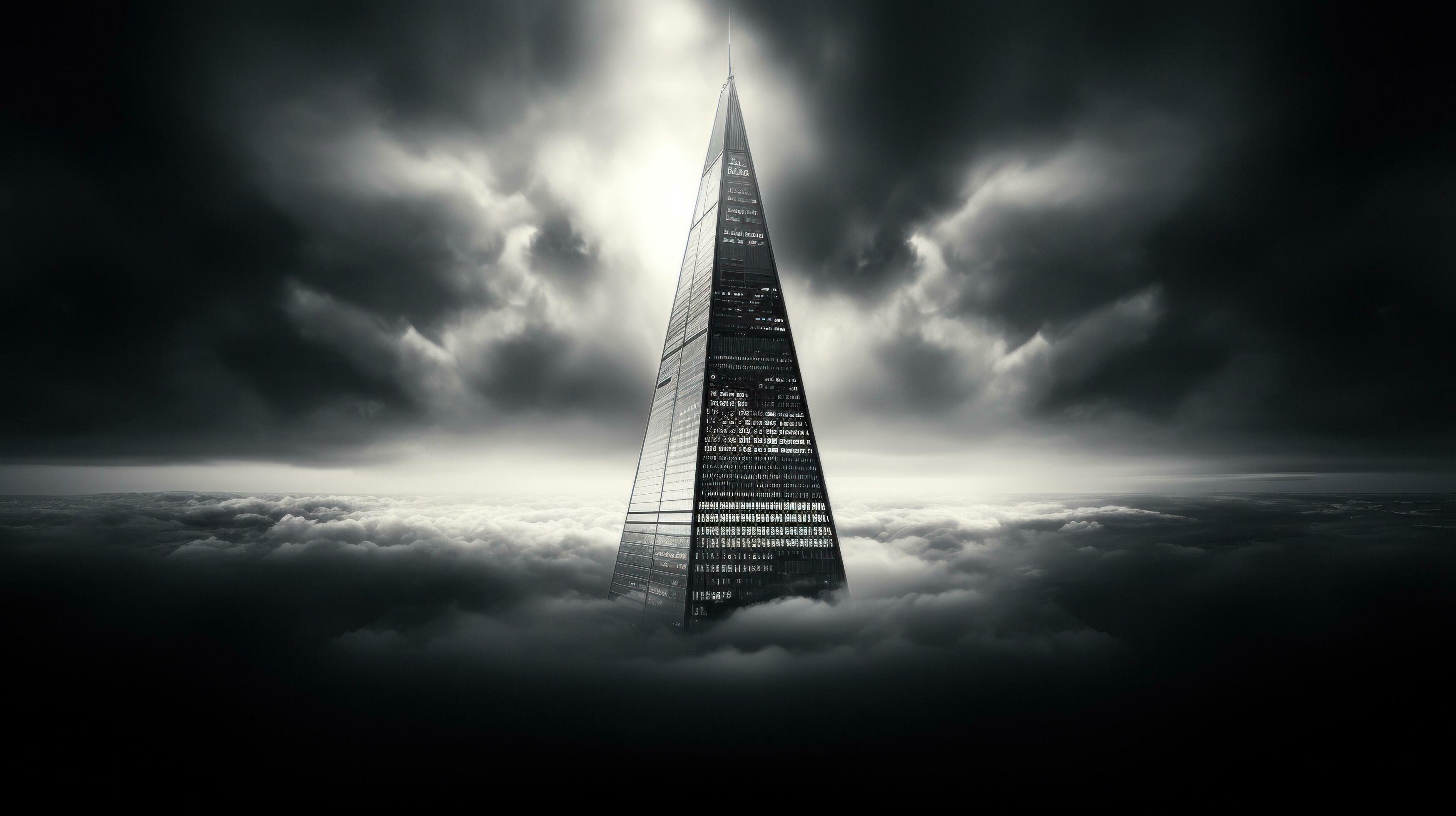 AI generated skyscraper piercing through a blanket of clouds, the power and ambition of modern ...