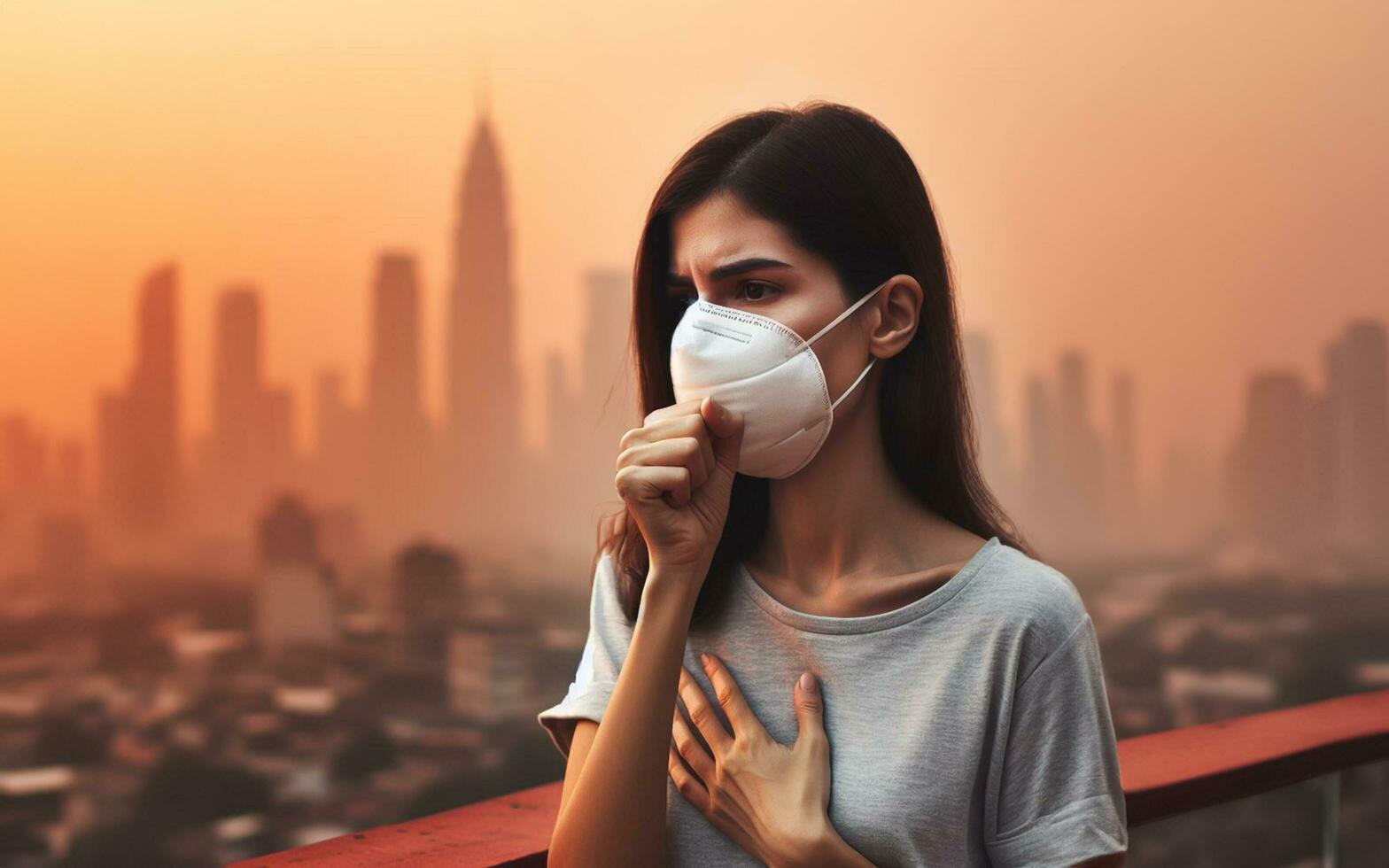 AI generated A woman wearing a protective mask coughs in a capital filled with PM2.5 smog and ...