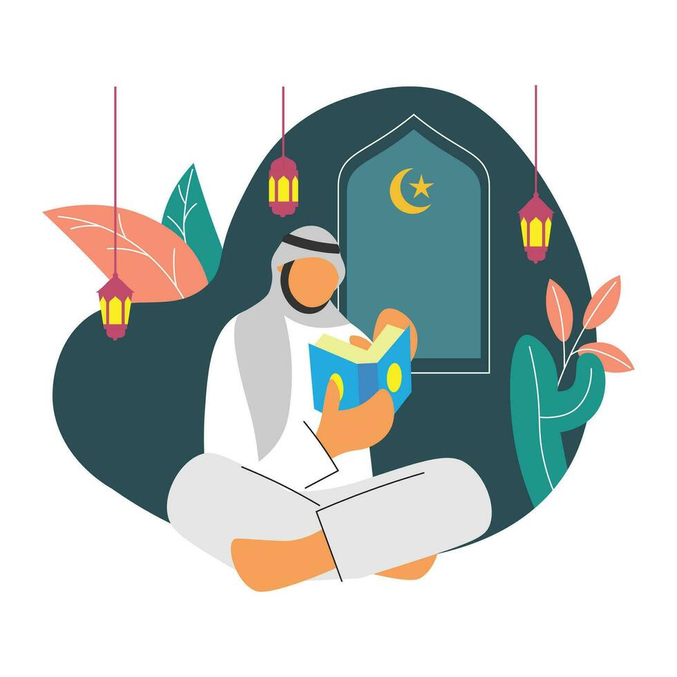 plano ilustración de musulmán hombre leyendo santo corán Ramadán kareem ... plano ilustración de musulmán hombre leyendo santo corán Ramadán kareem ...