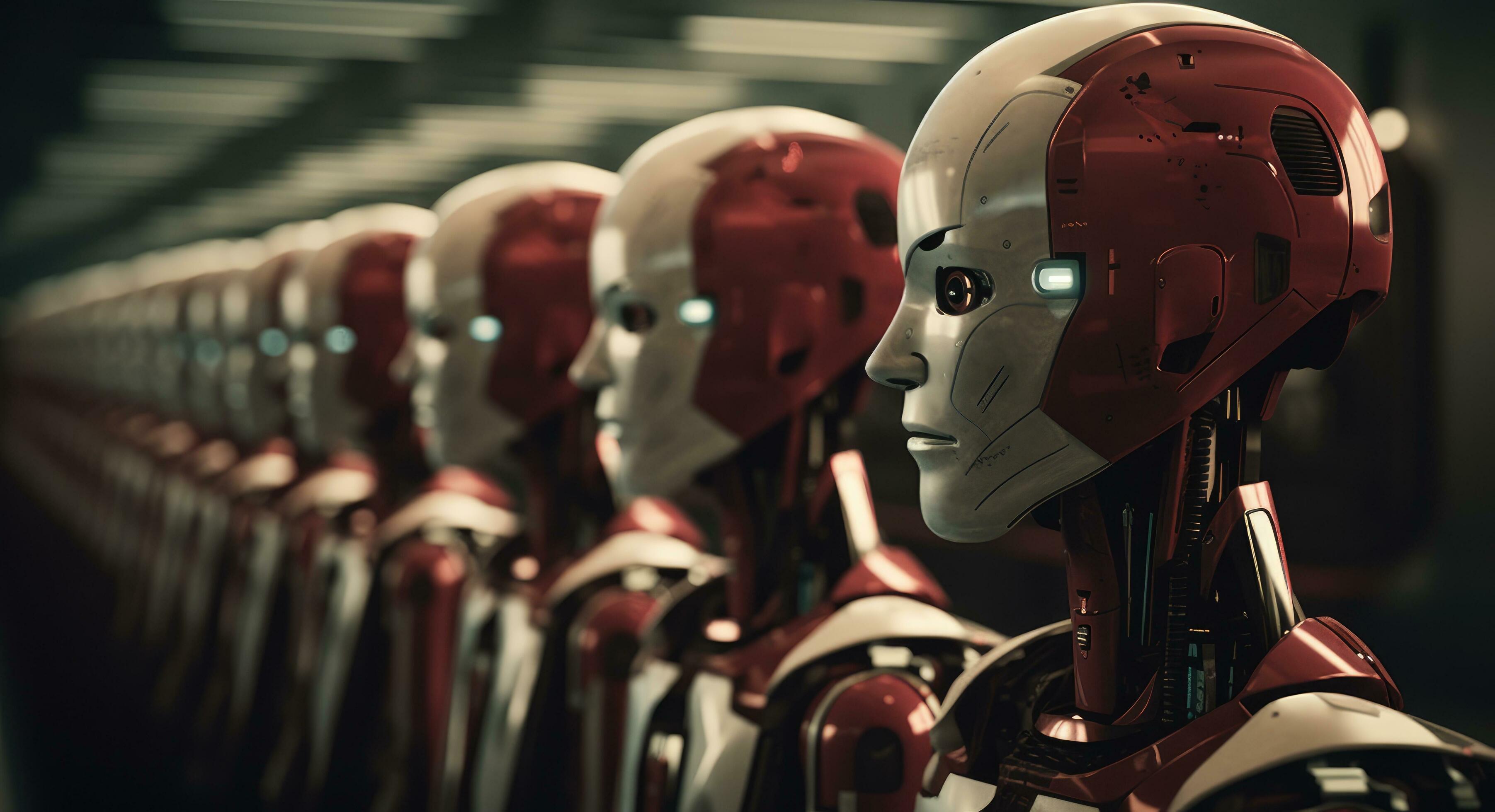 AI generated a large line of robotic robots sitting in a computerbased ...