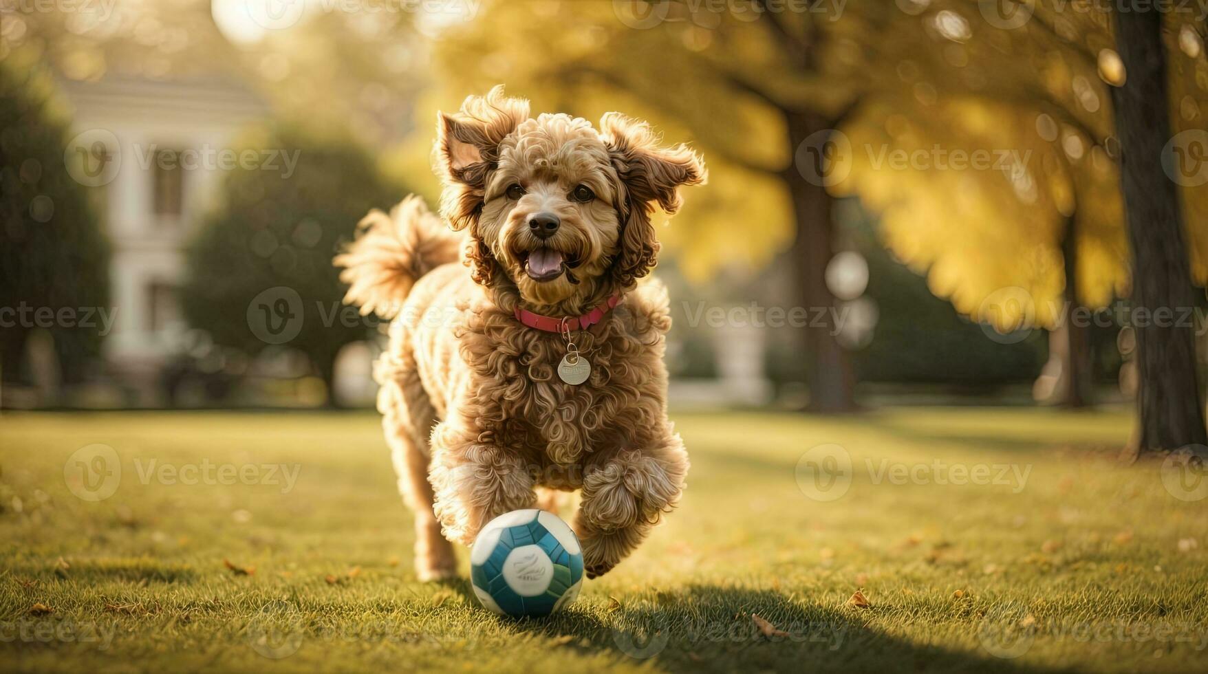 AI generated Joyful dog running towards the camera in a sunny park with ...