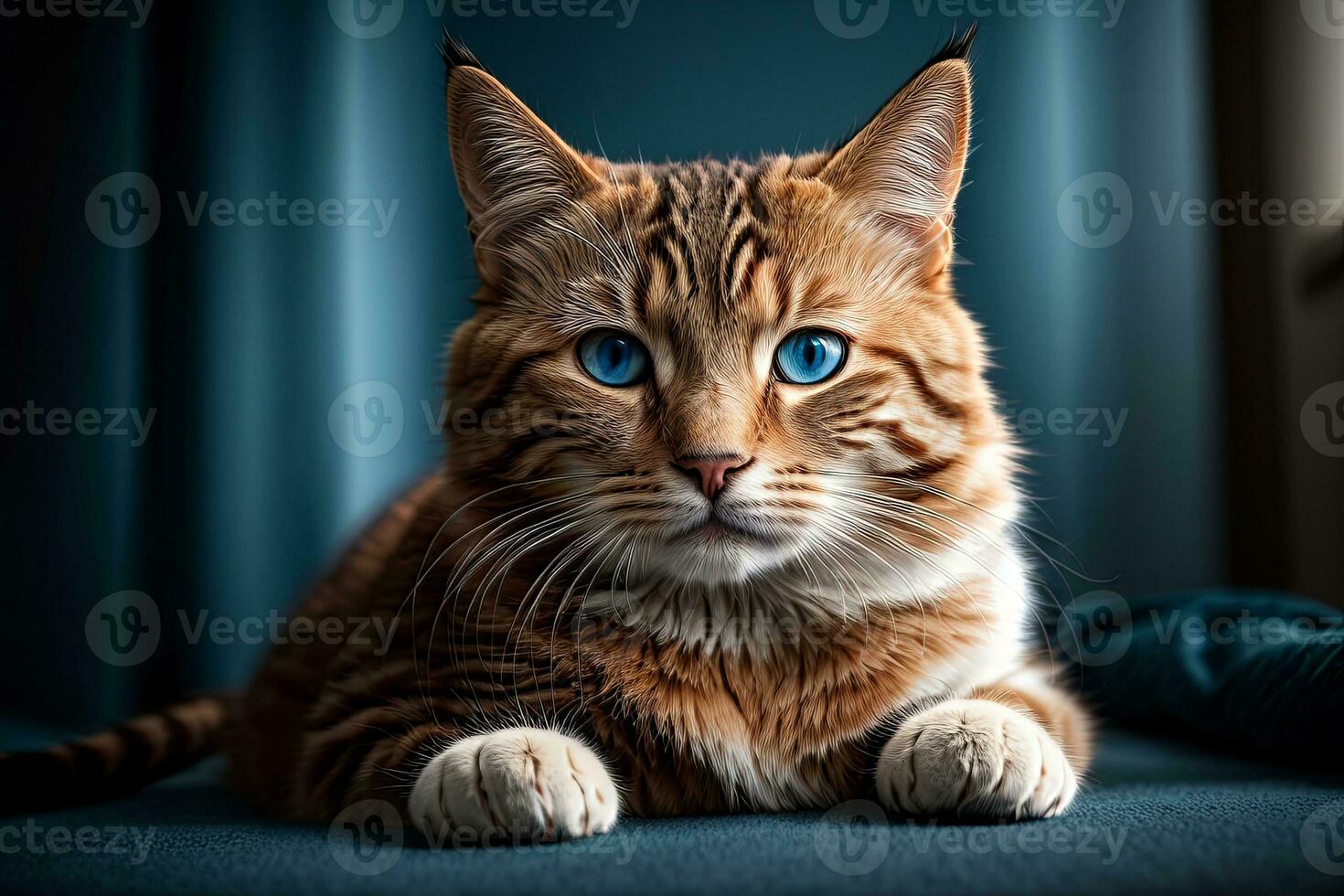AI generated Close-up of a brown tabby cat with striking blue eyes lying down Generative by AI ...