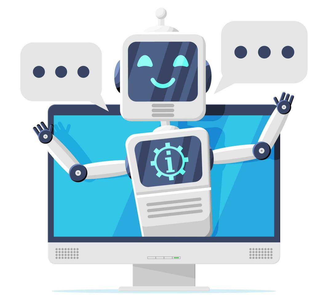Computer with Chat Bot Speak in Bubble on Screen. Robot with Speech Window. Chatbot Greets ...