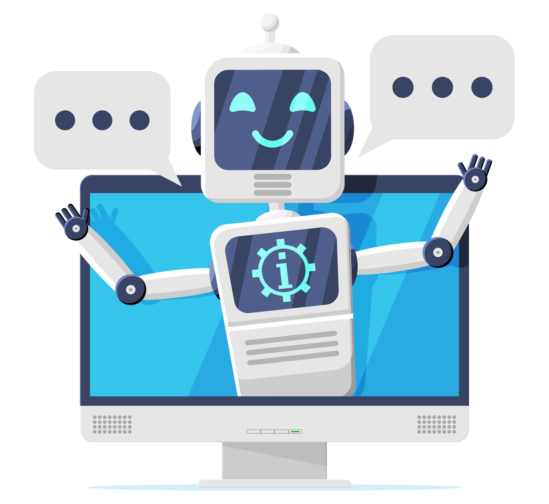 Computer With Chat Bot Speak In Bubble On Screen Robot With Speech Window Chatbot Greets