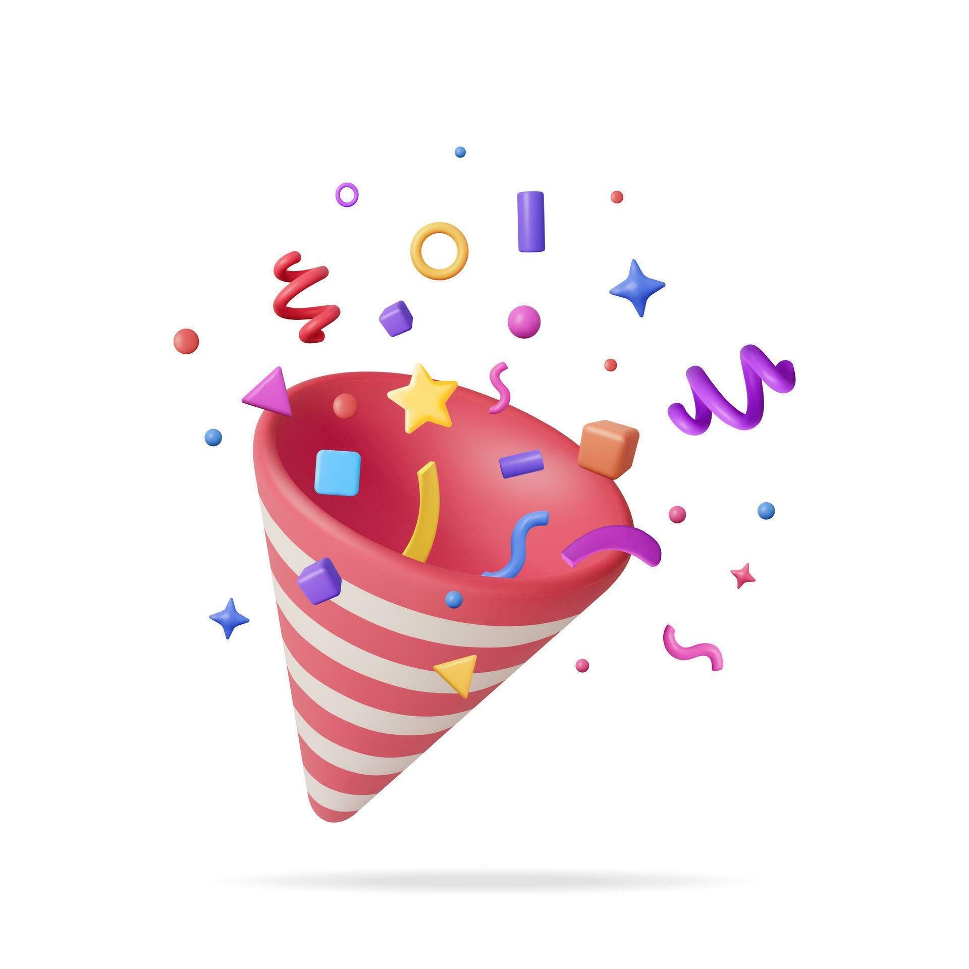 3D Party Popper with Confetti Isolated on White. Render Plasticine Confetti Collection. Colorful ...