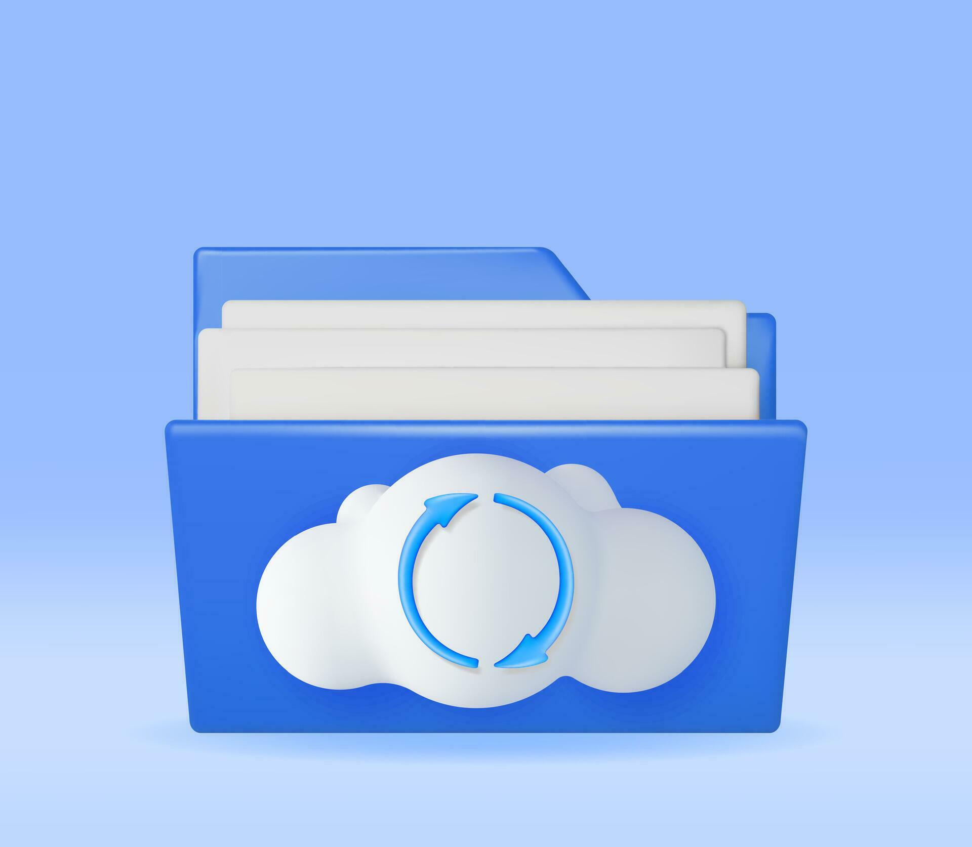 3D Blue Folder in Clouds with File Sync Icon Isolated. Render Computer File Folder with ...