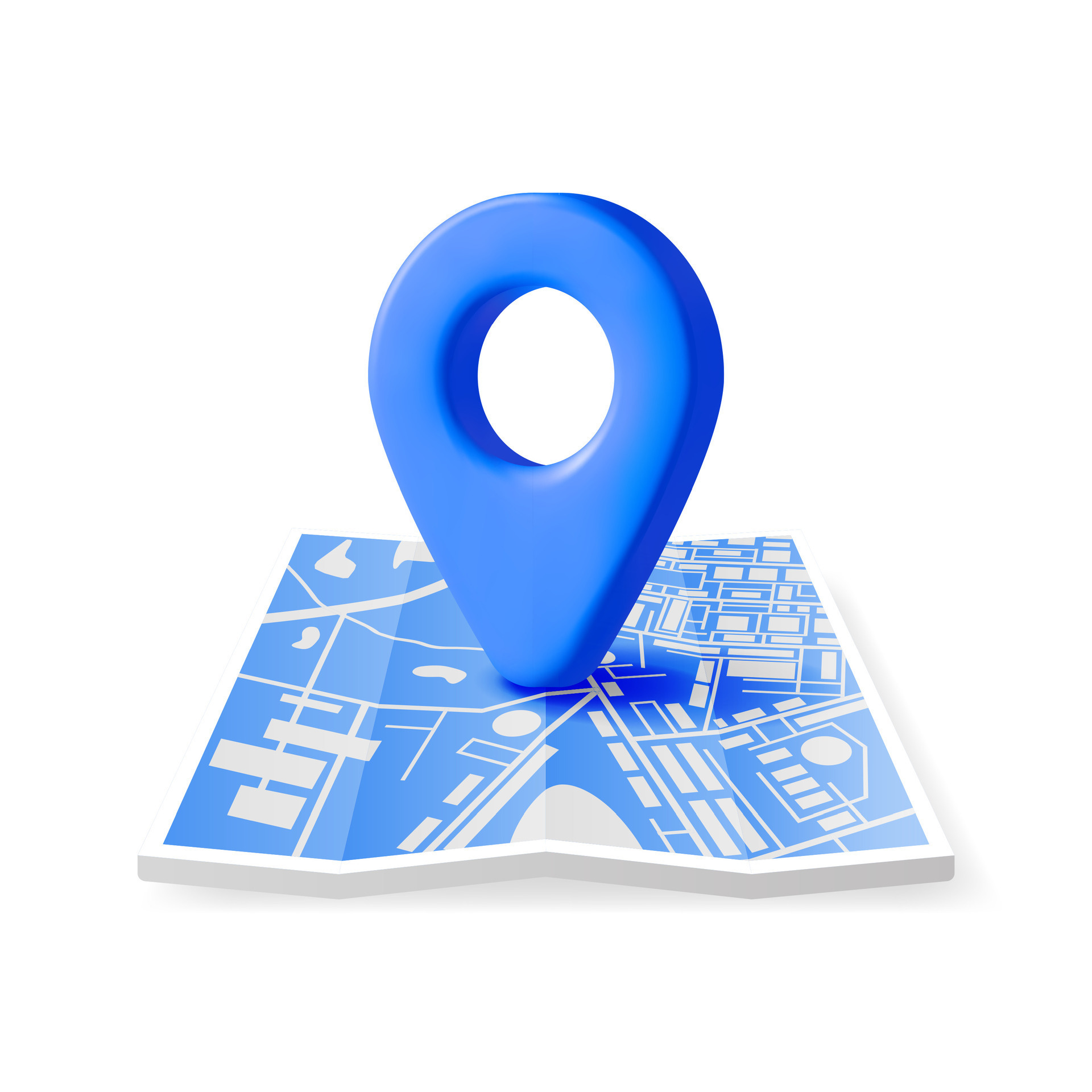 3D Location Folded Paper Map and Pin Isolated. Blue GPS Pointer Marker Icon. GPS and Navigation ...
