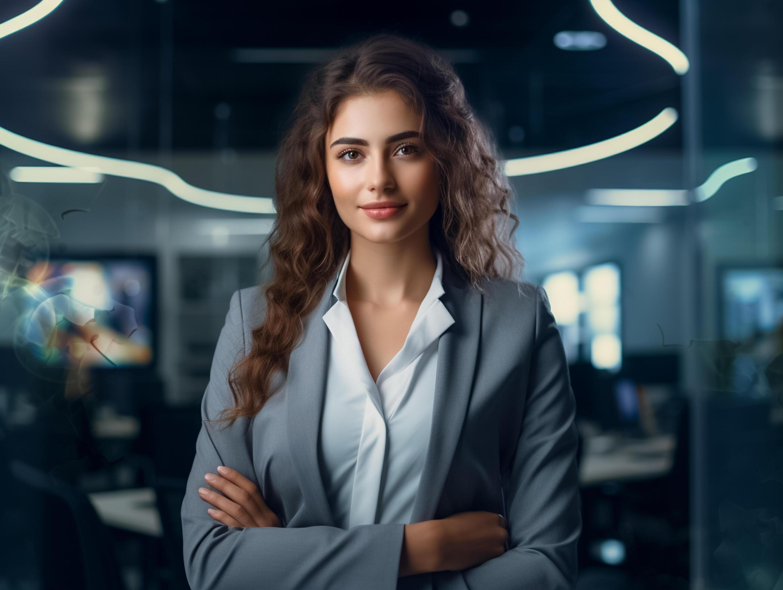 AI generated Happy businesswoman standing in office with suit smiling ...