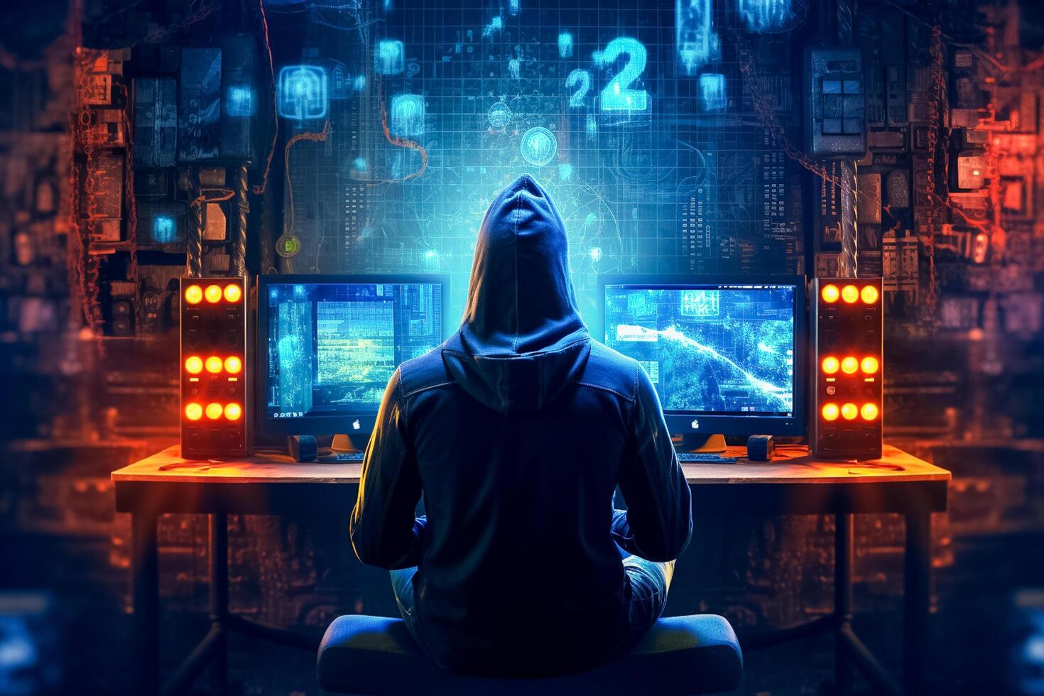 AI generated hacker man terrorist with virus computer attack to server network system .AI ...