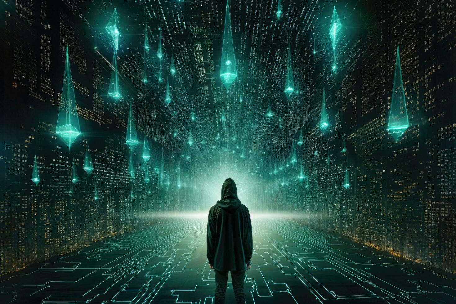 Ai Generated Back View Of Hacker Standing In Front Of Glowing Binary Code On Dark Background 5451