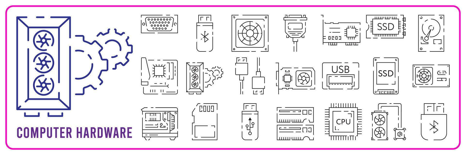 Computer hardware line icon set. Graphic card or processor and RAM. GPU or CPU and cooler. Case ...