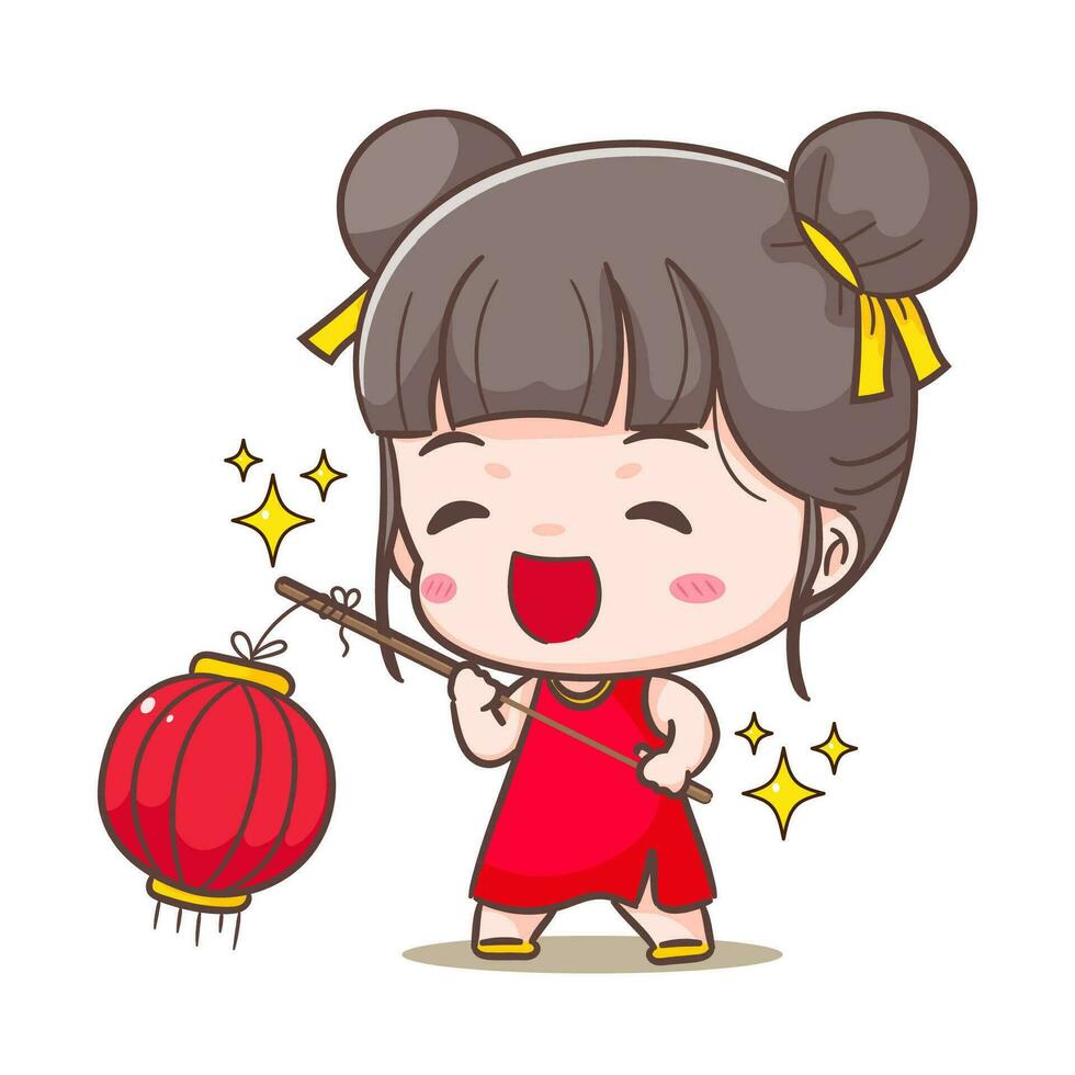 Cute Girl Holding Lantern Celebrate Chinese New Year Cartoon Vector Illustration Chinese Year