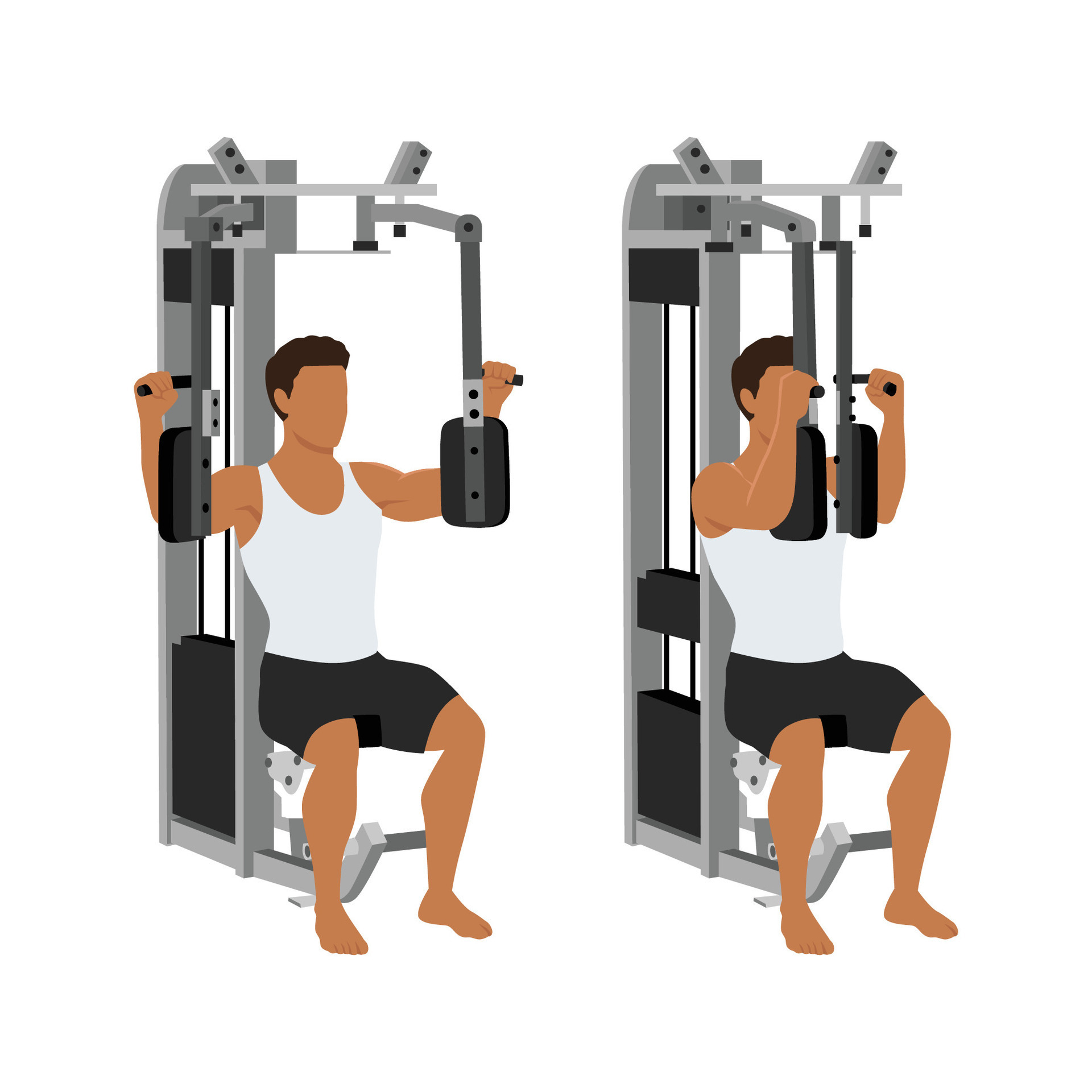 Man Doing Machine Bent Arm Chest Fly Exercise Butterflies Pec Deck Seated Machine Flyes