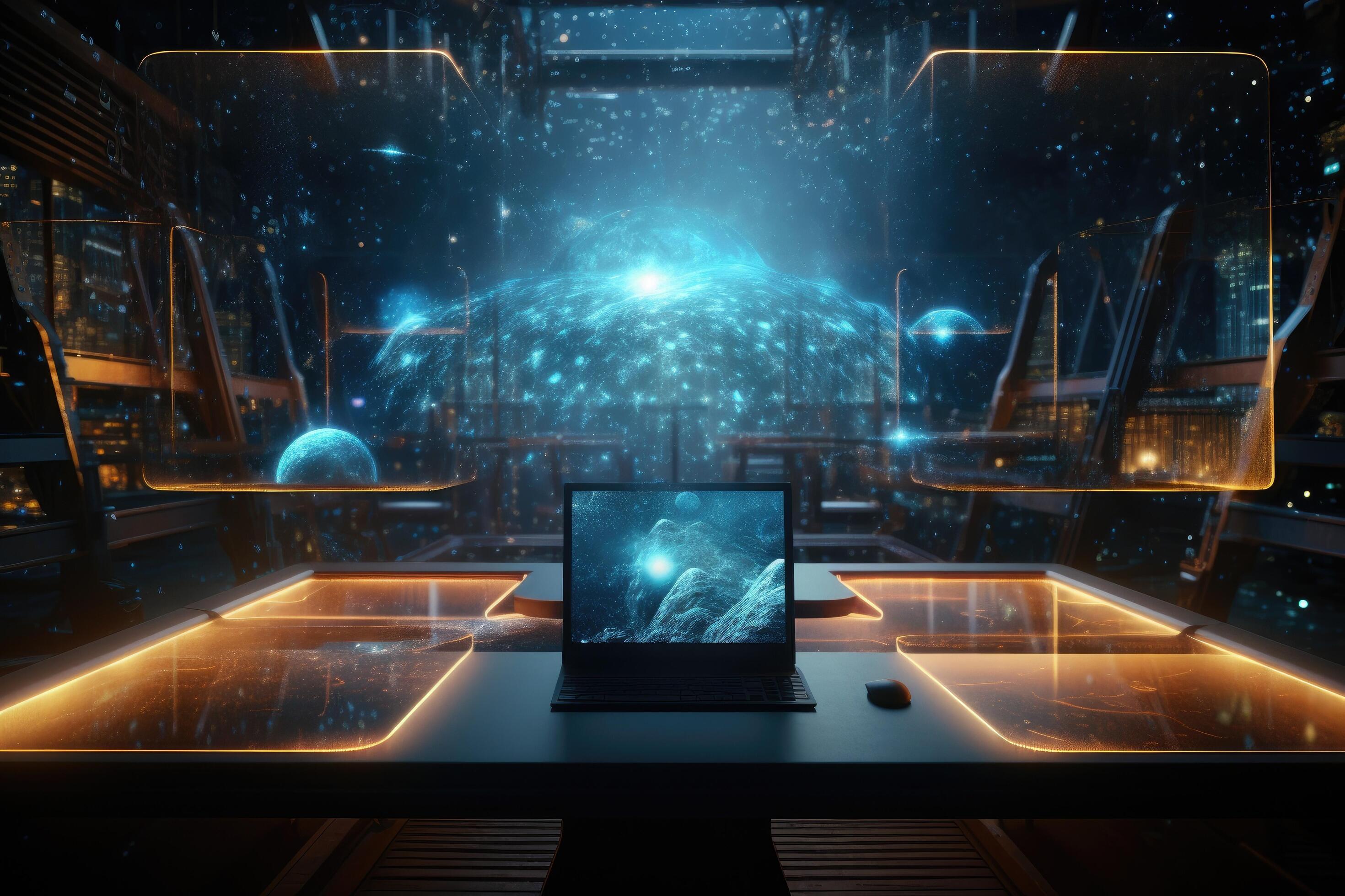 AI generated Laptop with glowing cubes flying out of the screen. 3D ...