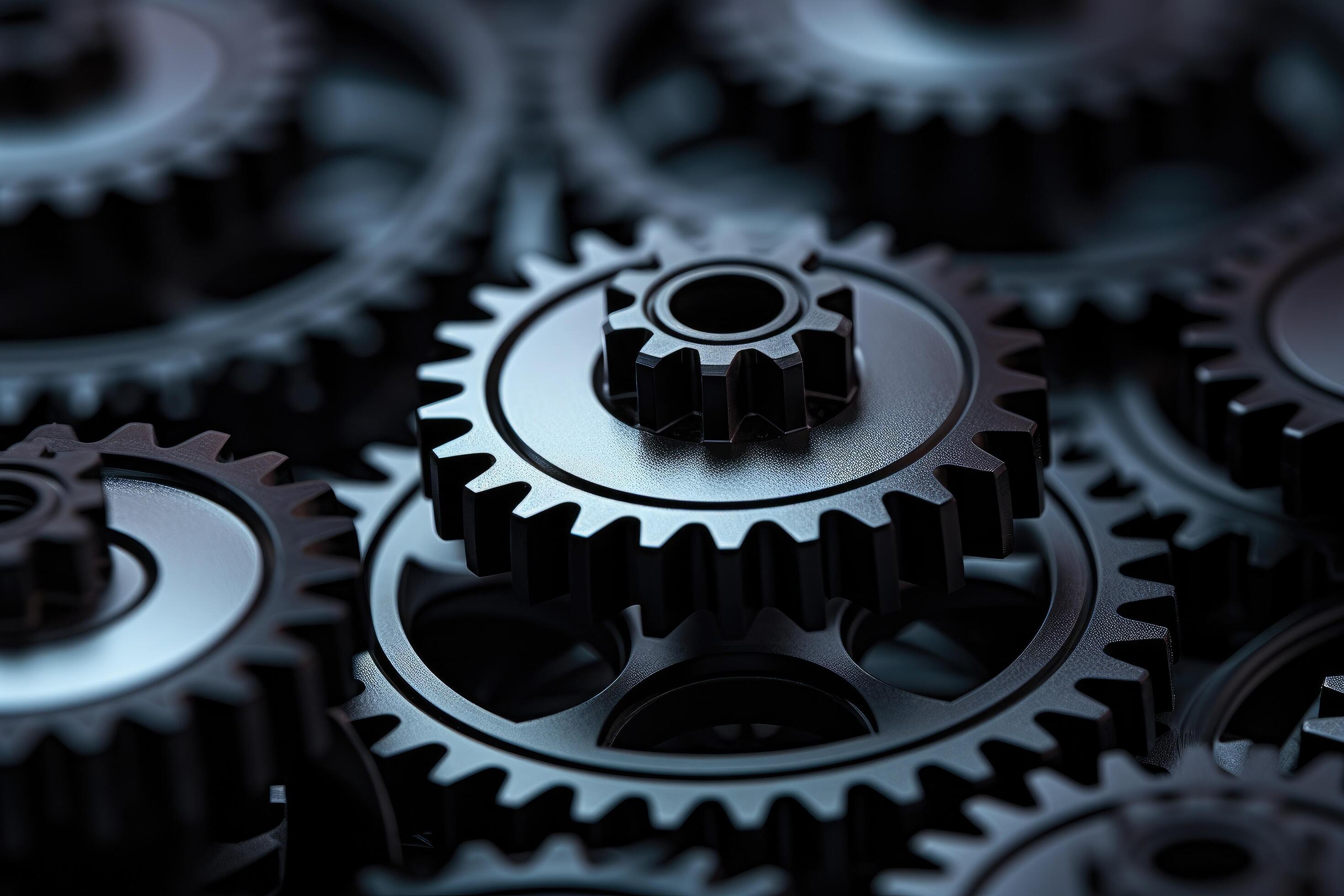 AI generated 3d illustration of metal gears and cogs, closeup view, 3D printing technology ...