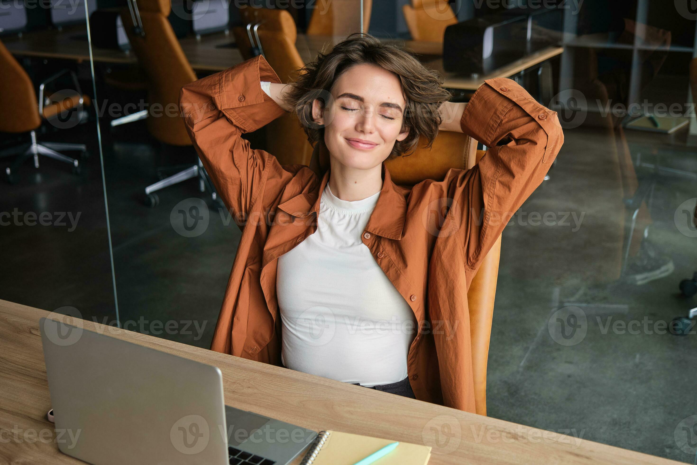 Image of working woman in office, digital nomad with laptop, programmer ...