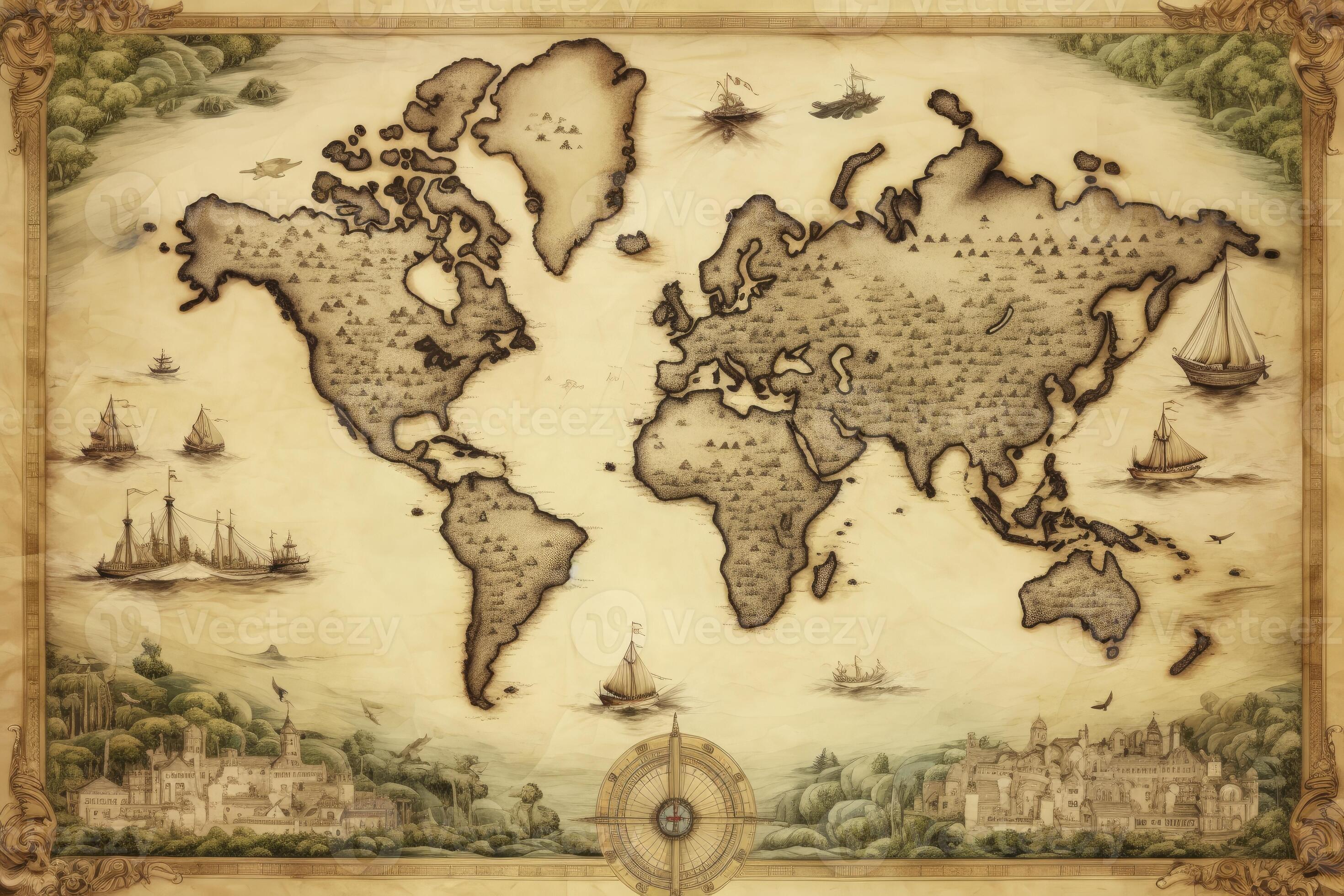AI generated Great detailed illustration of the world map in vintage ...