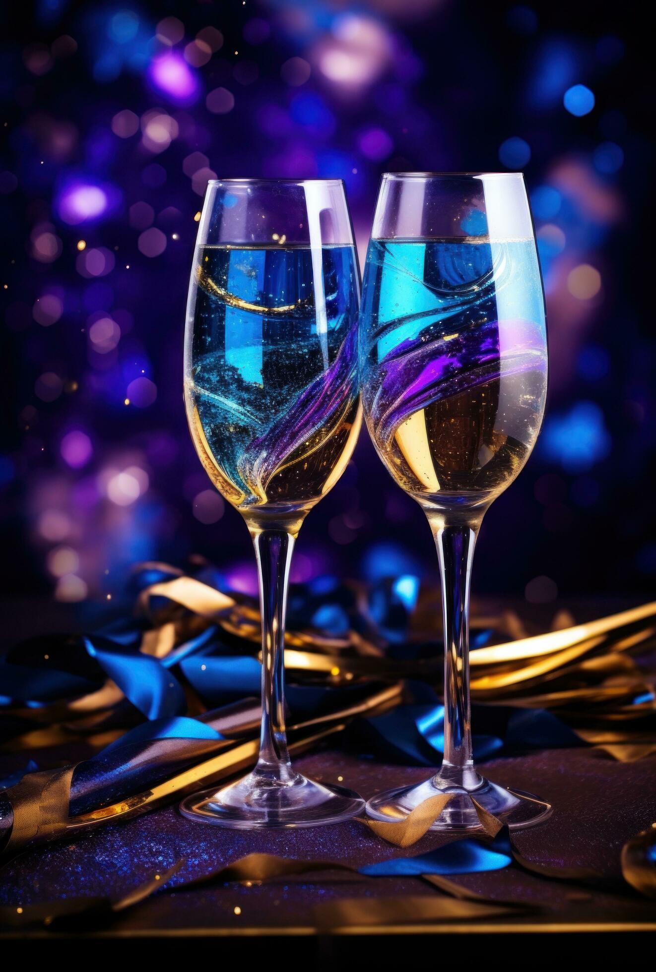 AI generated two glasses of champagne and confetti on wooden table 35845835 Stock Photo at Vecteezy