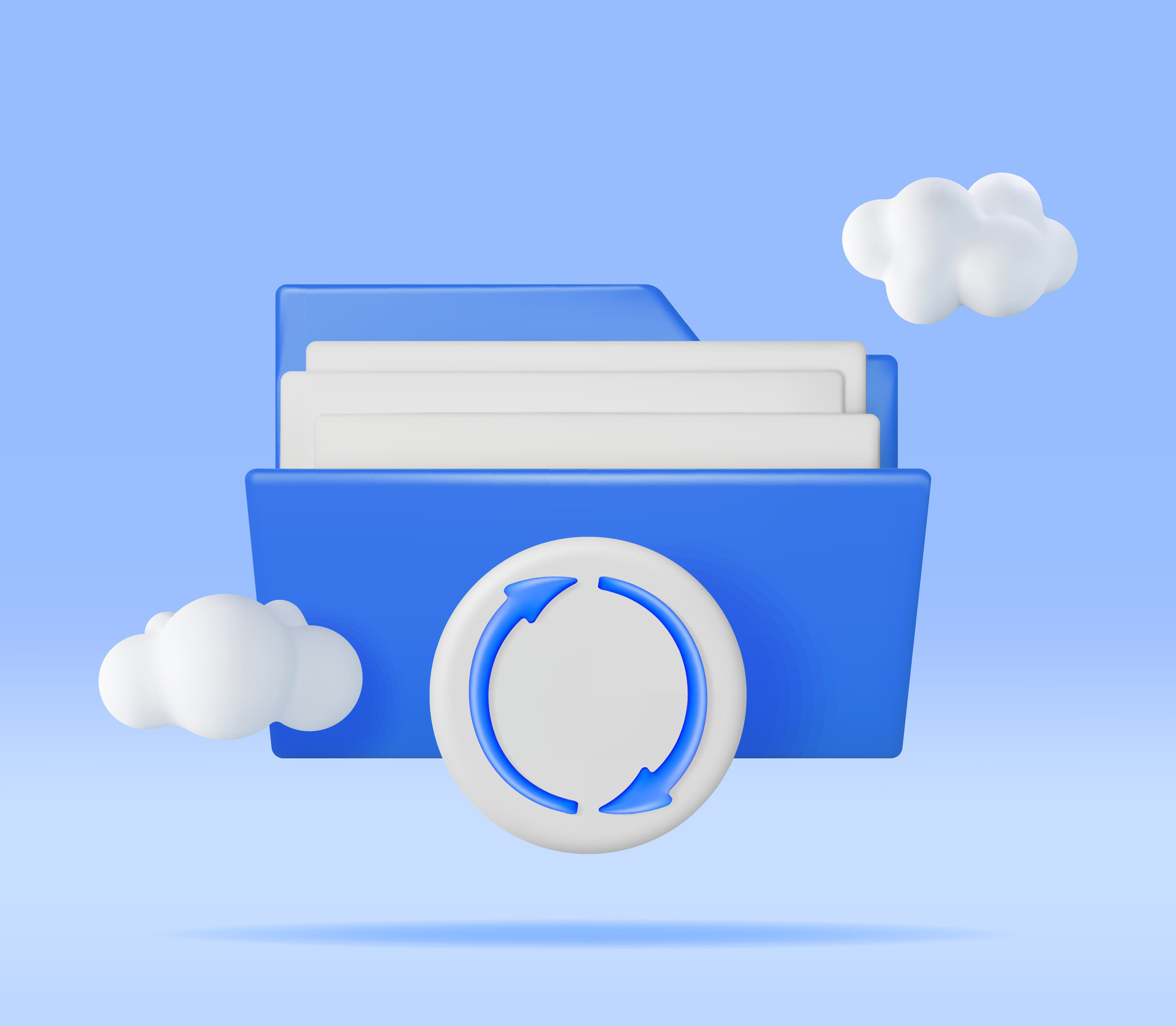 3d Blue Folder In Clouds With File Sync Icon Isolated Render Computer File Folder With